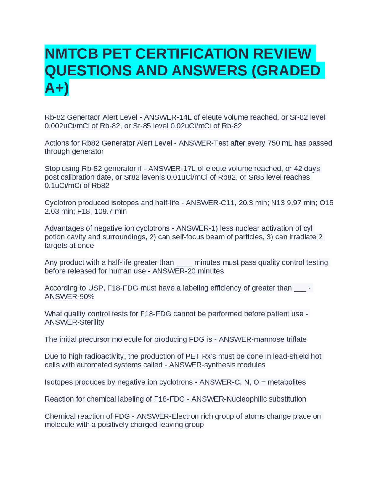 NMTCB PET Certification Review Questions and Answers | Exams Nursing ...