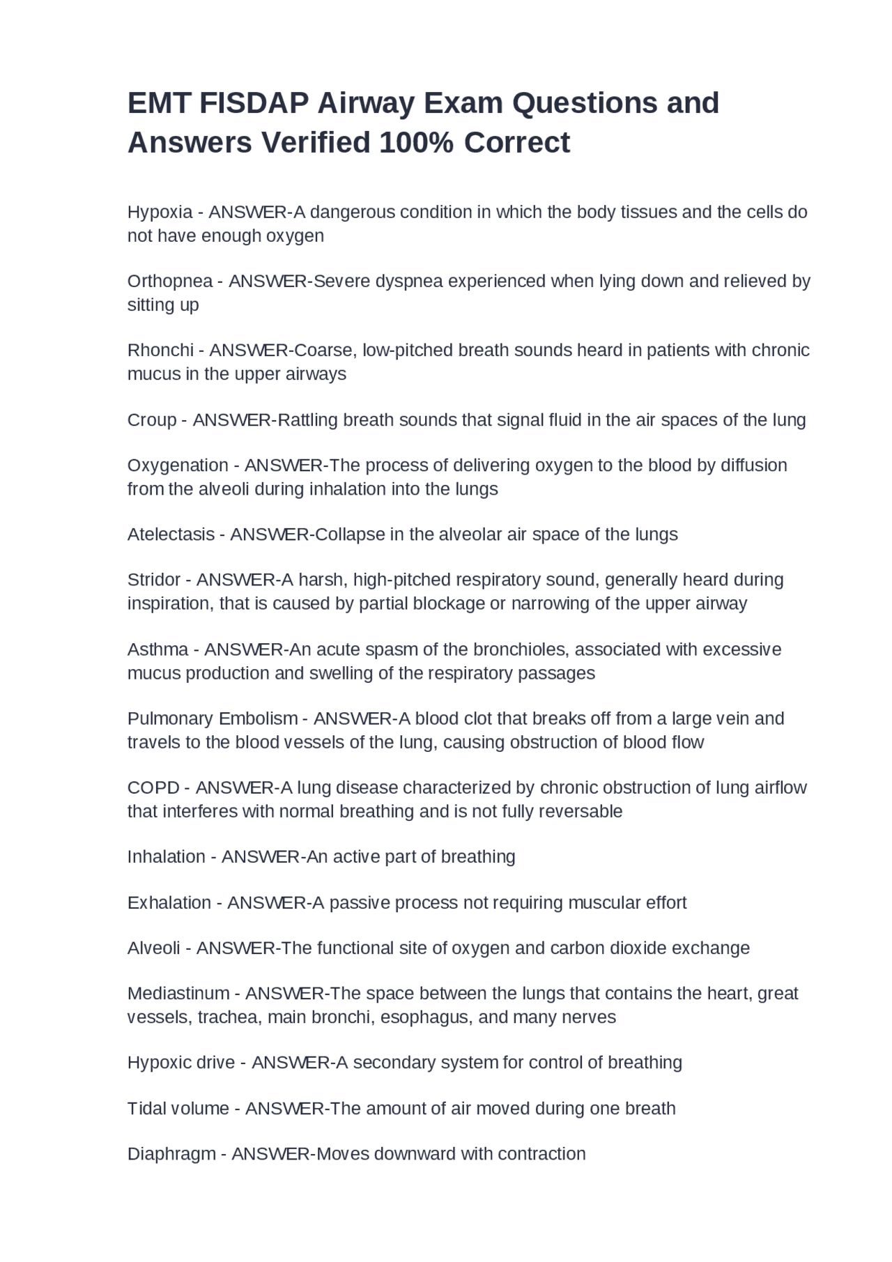 EMT FISDAP Airway Exam Questions and Answers Verified 100% Correct | Exams Nursing | Docsity