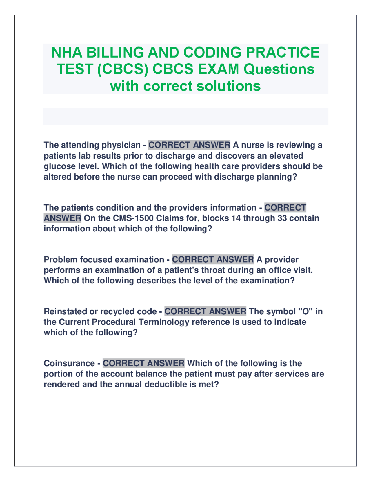 NHA BILLING AND CODING PRACTICE TEST (CBCS) CBCS EXAM Questions with ...