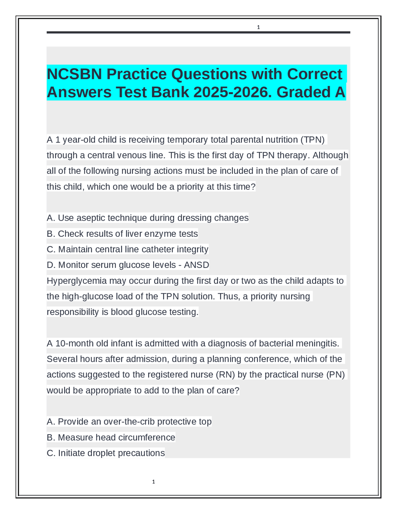NCSBN Practice Questions with Correct Answers Test Bank 2025-2026 ...