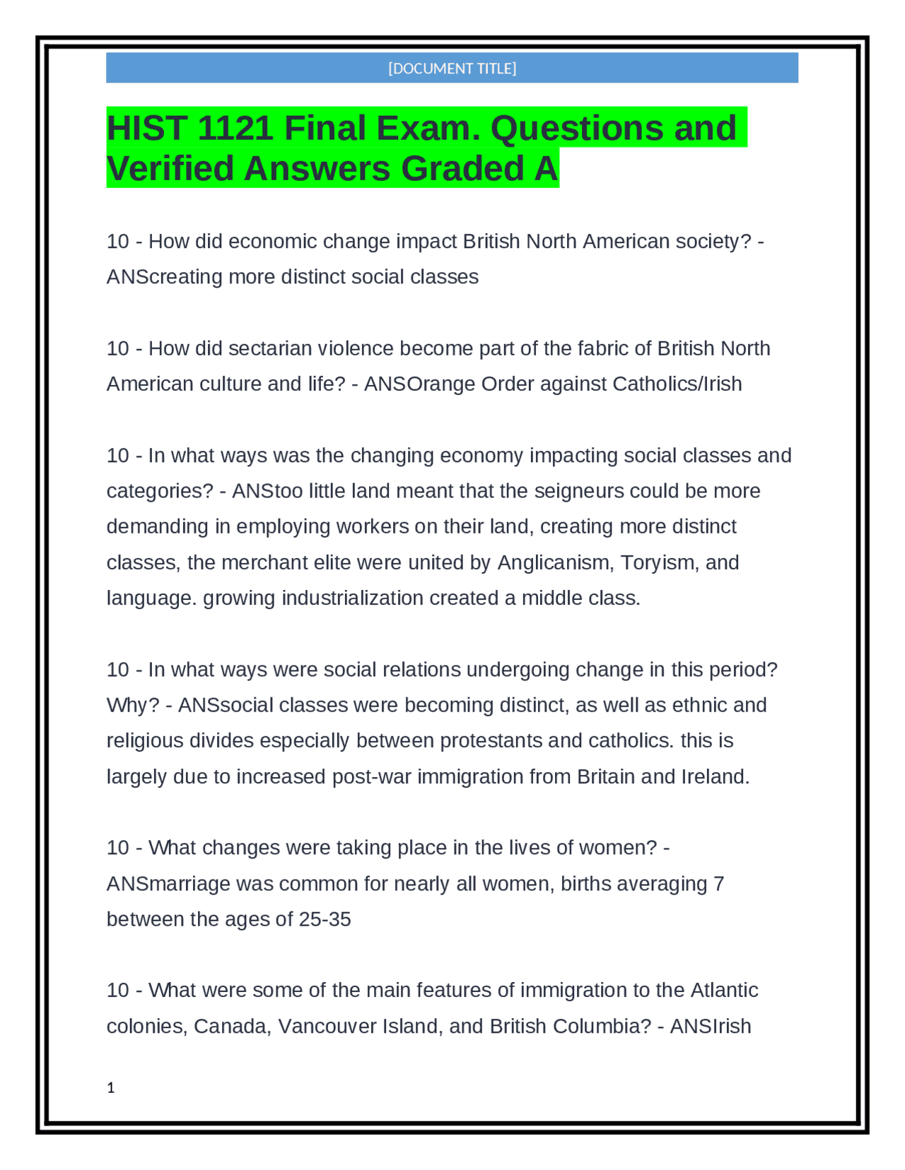 HIST 1121 Final Exam. Questions and Verified Answers Graded A | Exams ...