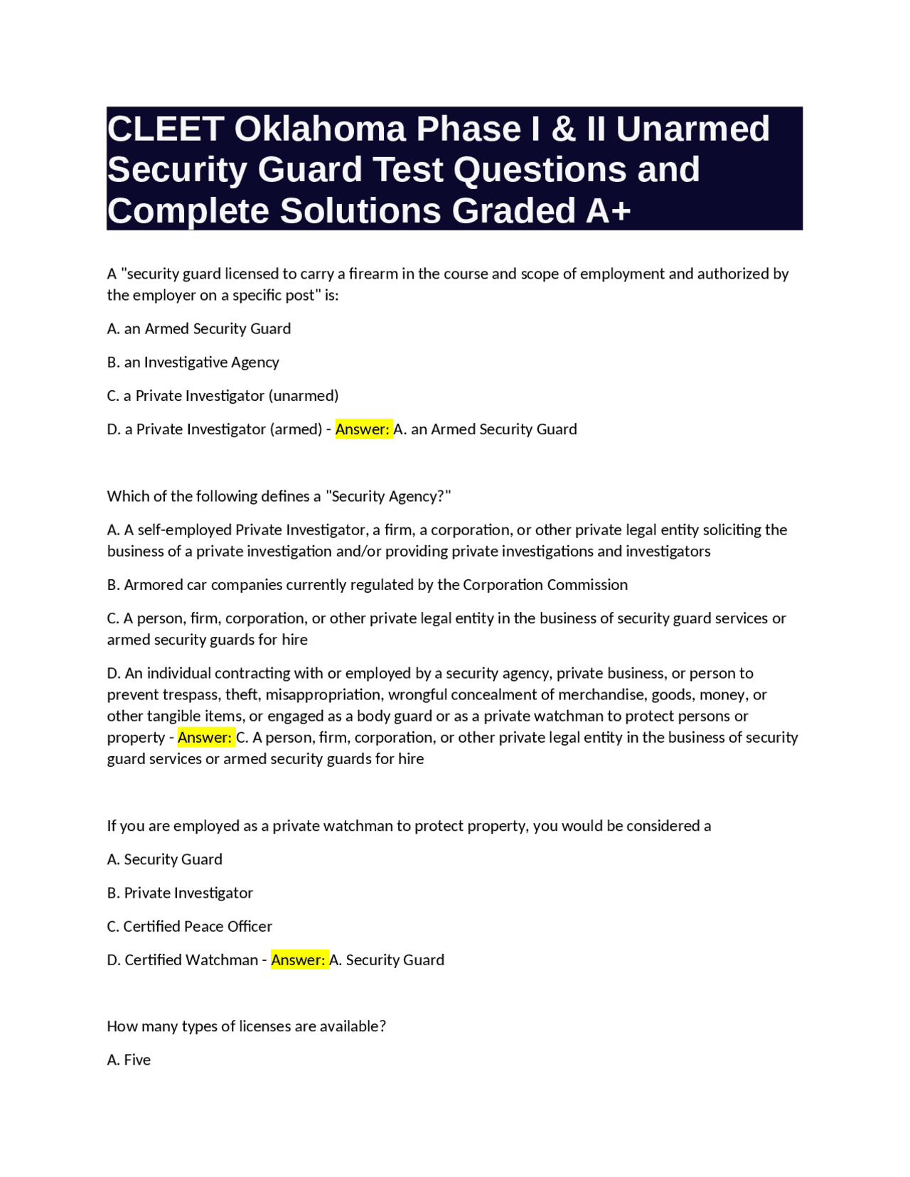 CLEET Oklahoma Phase I & II Unarmed Security Guard Test Questions and ...