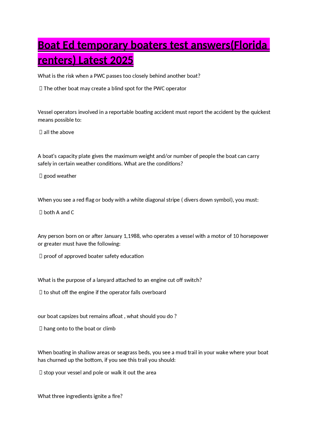 Boat Ed temporary boaters test answers(Florida renters) Latest 2025 ...