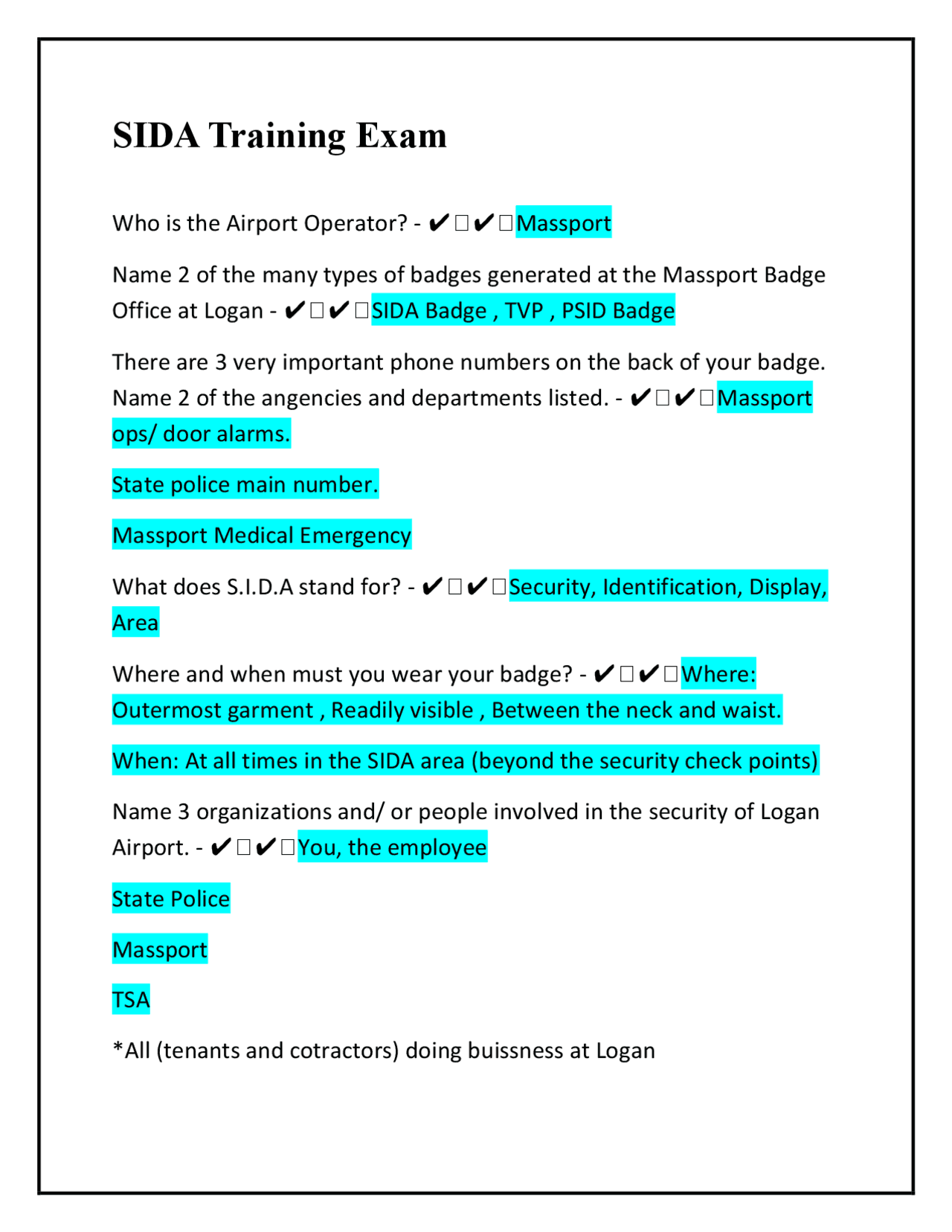 SIDA Training Exam: Security Procedures and Regulations at Logan ...