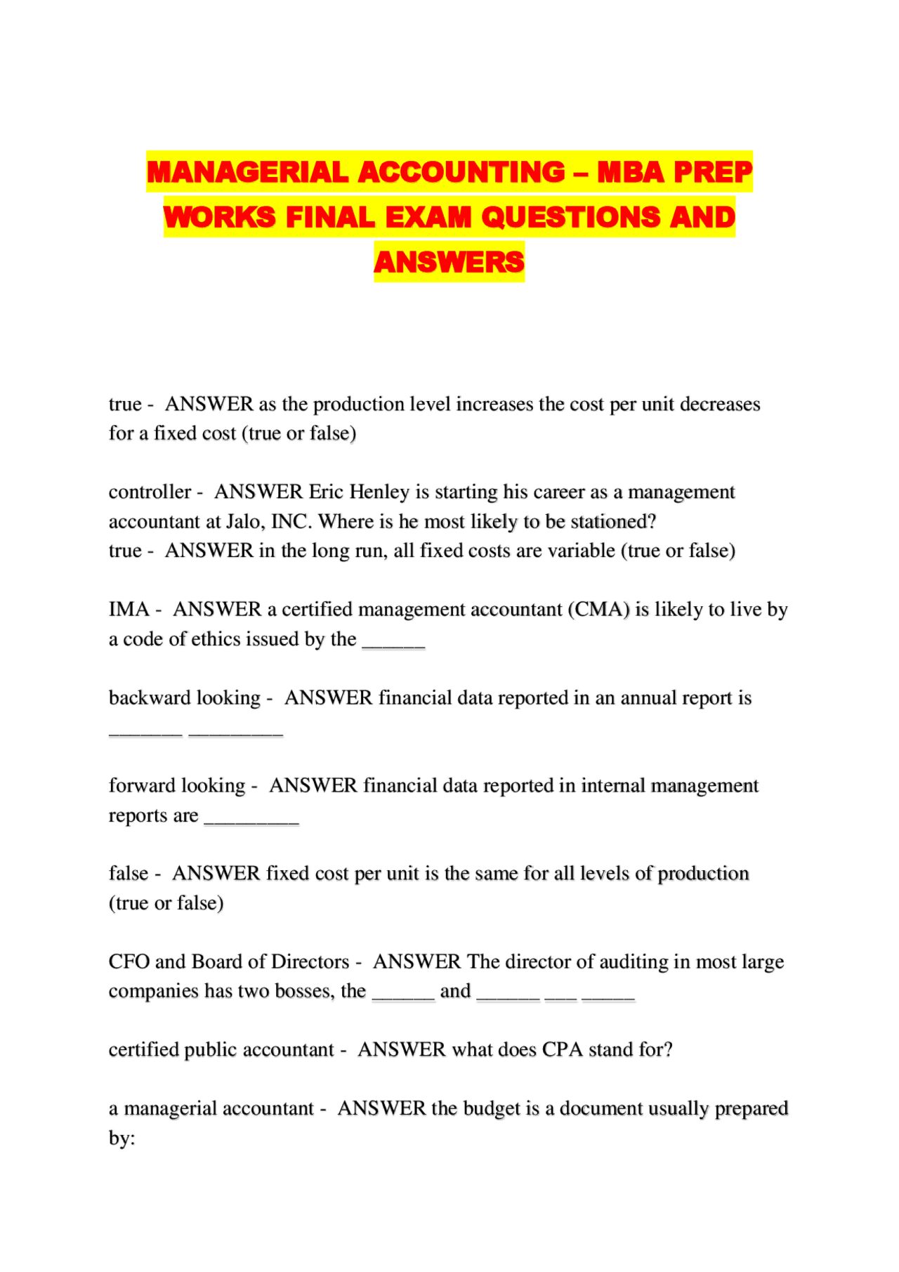 MANAGERIAL ACCOUNTING – MBA PREP WORKS FINAL EXAM QUESTIONS AND ANSWERS ...