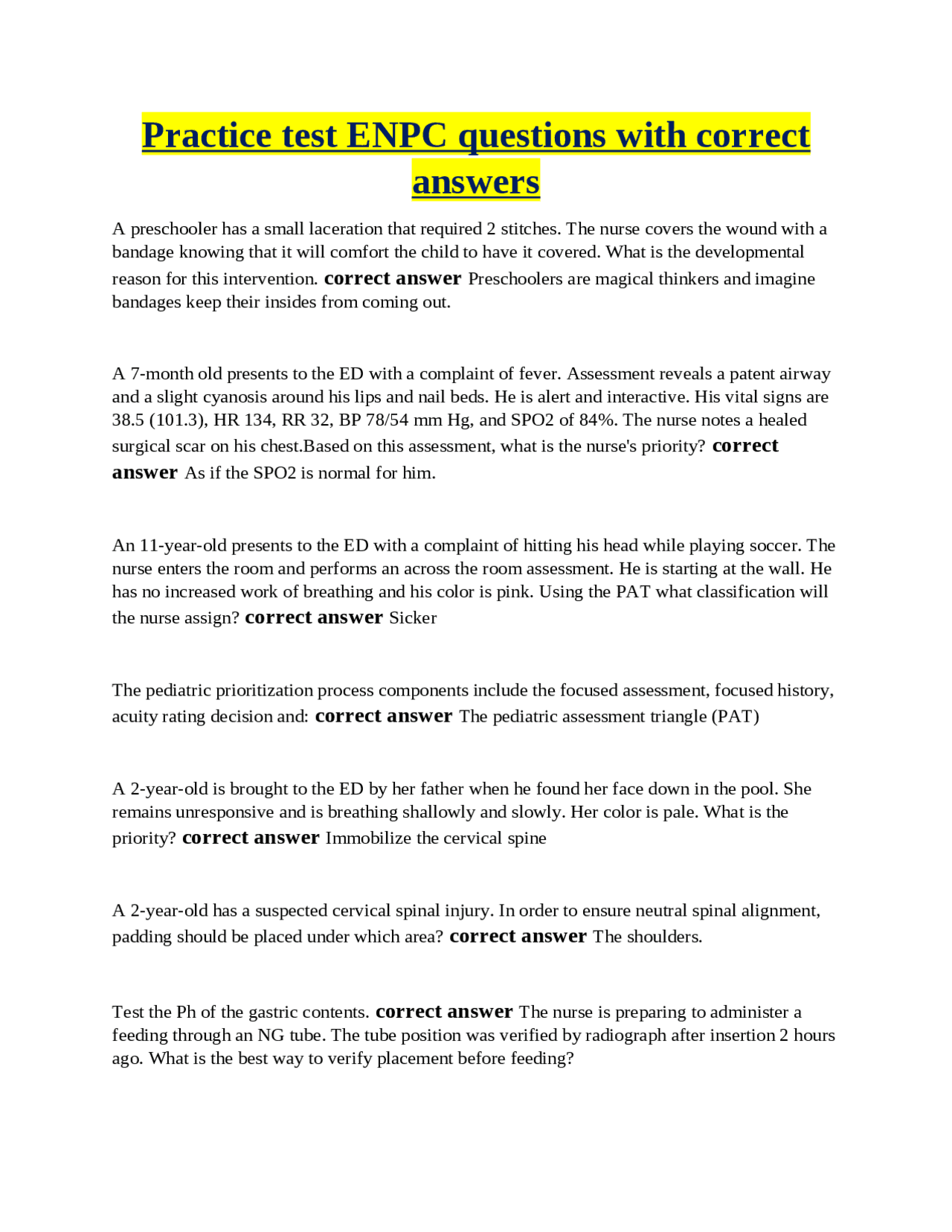 Practice test ENPC questions with correct answers | Exams Nursing | Docsity