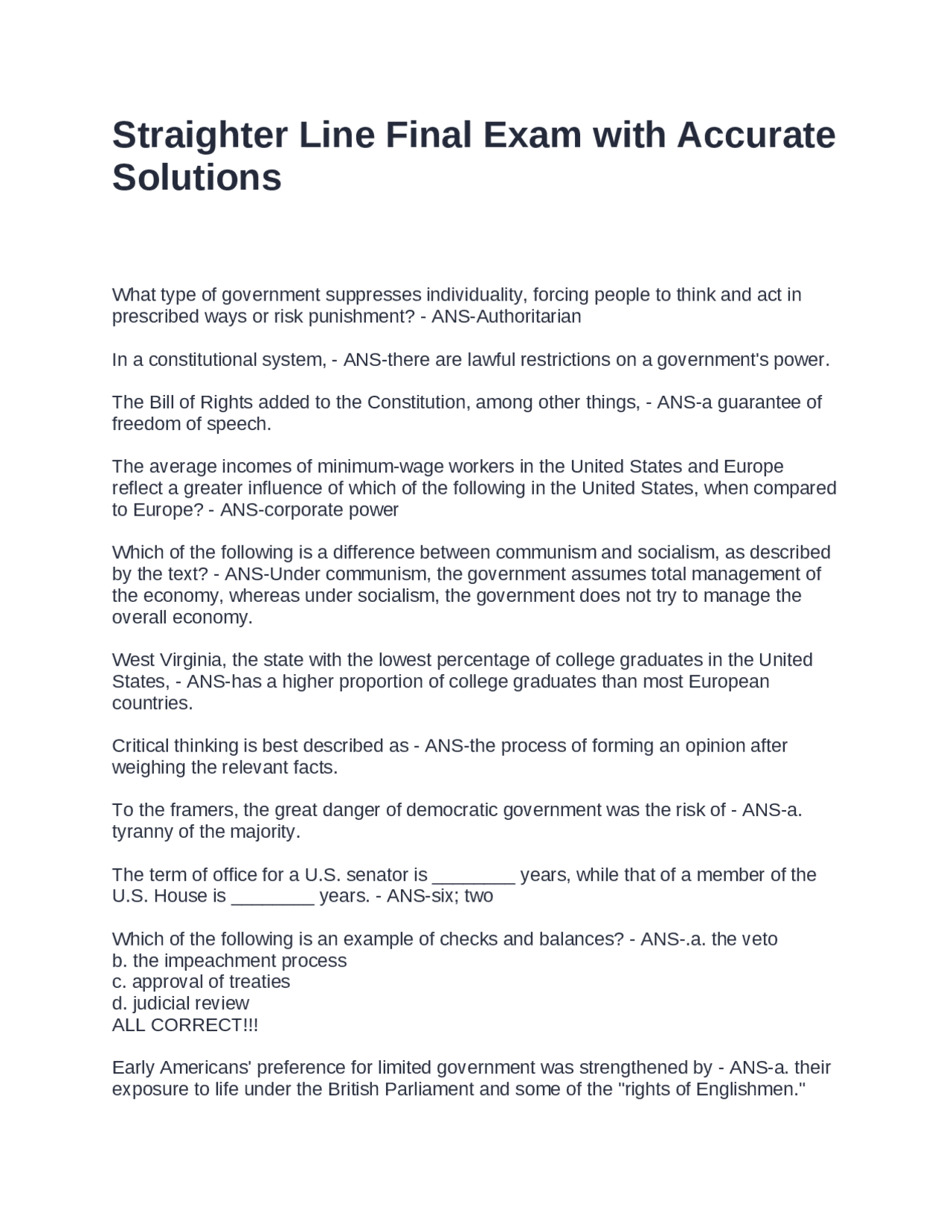 Straighter Line Final Exam with Accurate Solutions | Exams Advanced ...