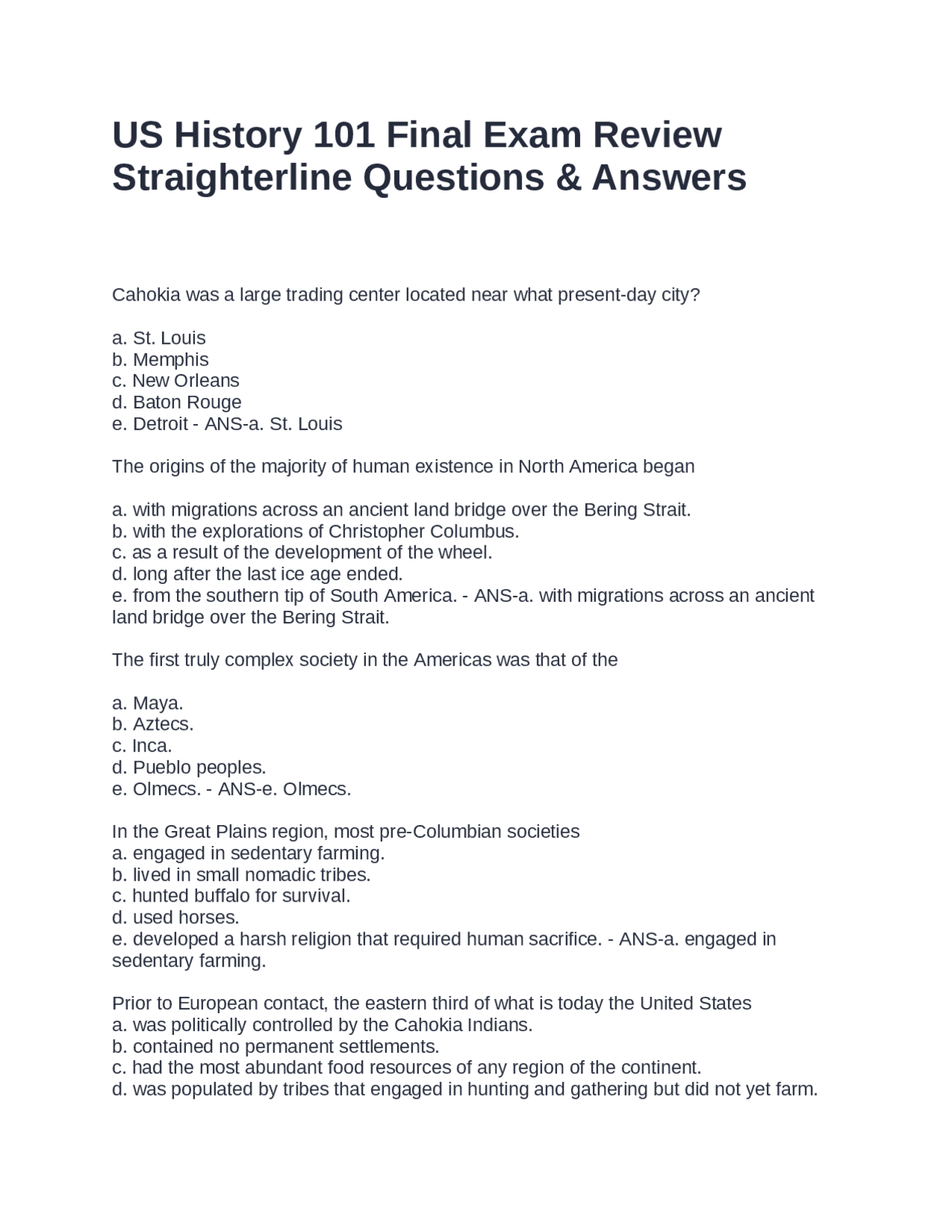 US History 101 Final Exam Review Straighterline Questions & Answers | Exams Advanced Education ...