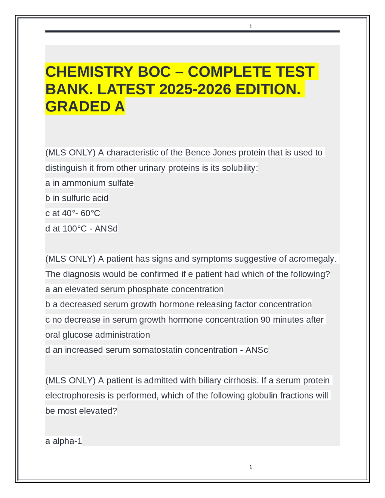 Chemistry BOC - Complete Test Bank: Latest 2025-2026 Edition (MLS Only ...