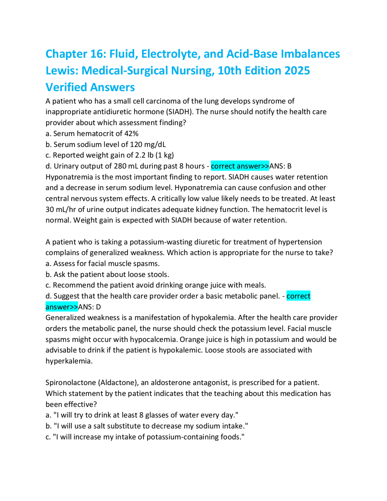 Chapter 16: Fluid, Electrolyte, and Acid-Base Imbalances Lewis: Medical ...