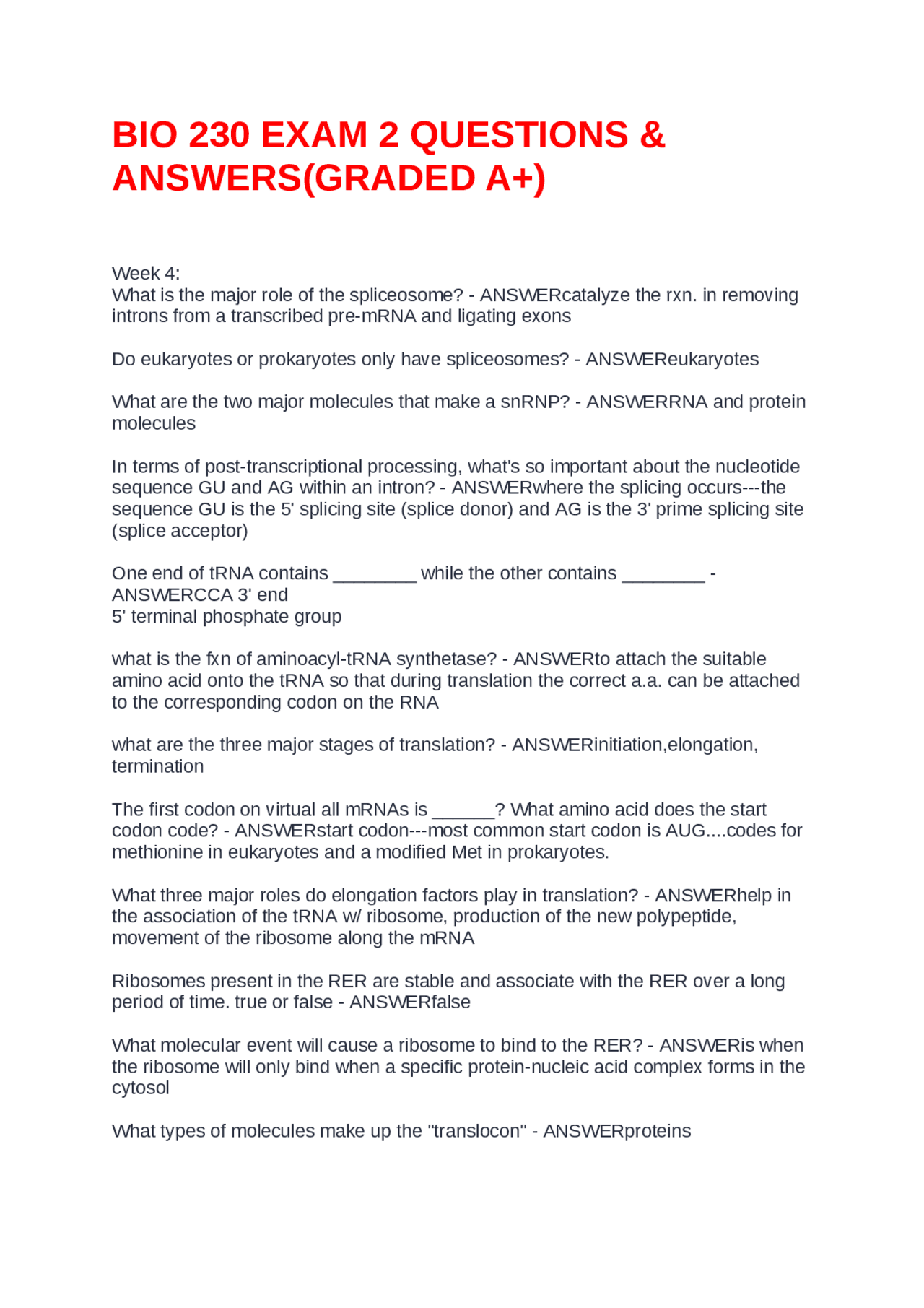 BIO 230 EXAM 2 QUESTIONS & ANSWERS(GRADED A+) | Exams Biology | Docsity