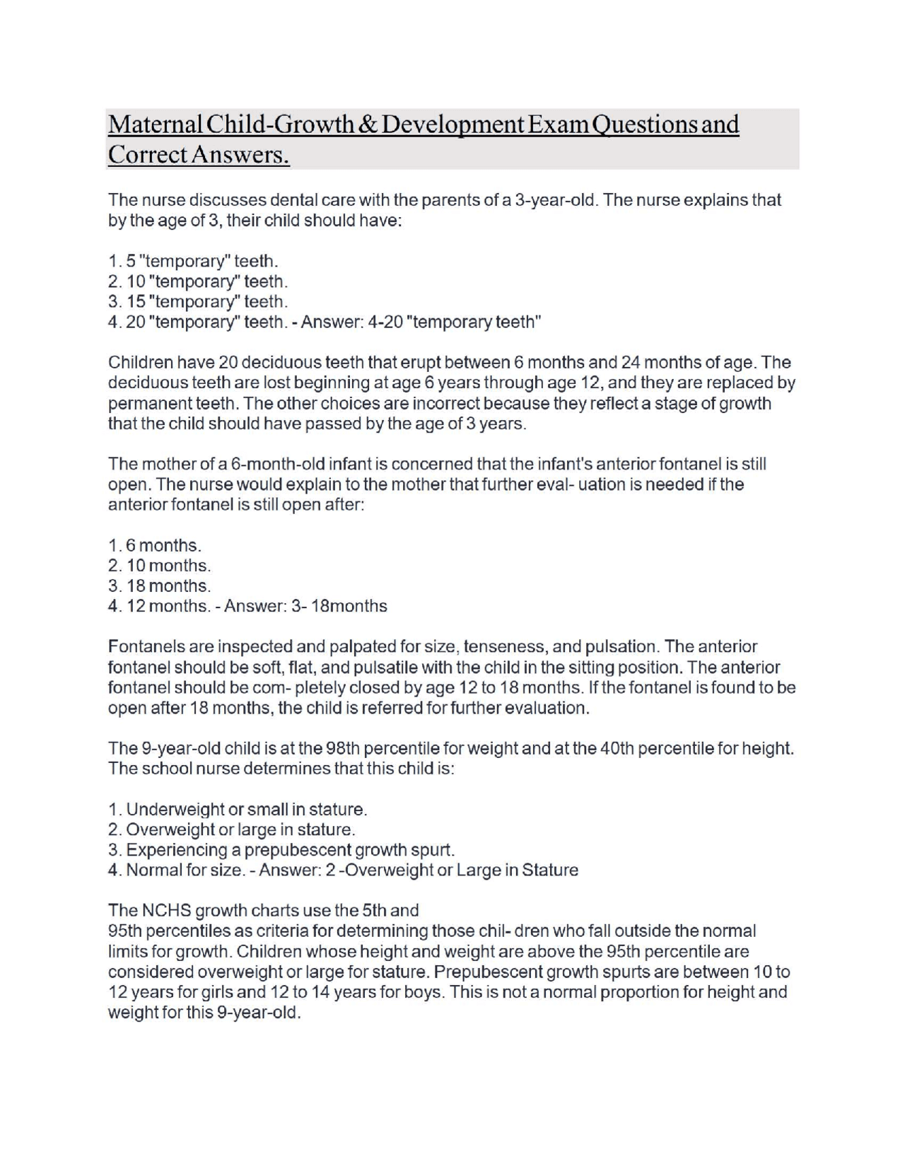 Maternal Child-Growth & Development Exam Questions and Correct Answers ...