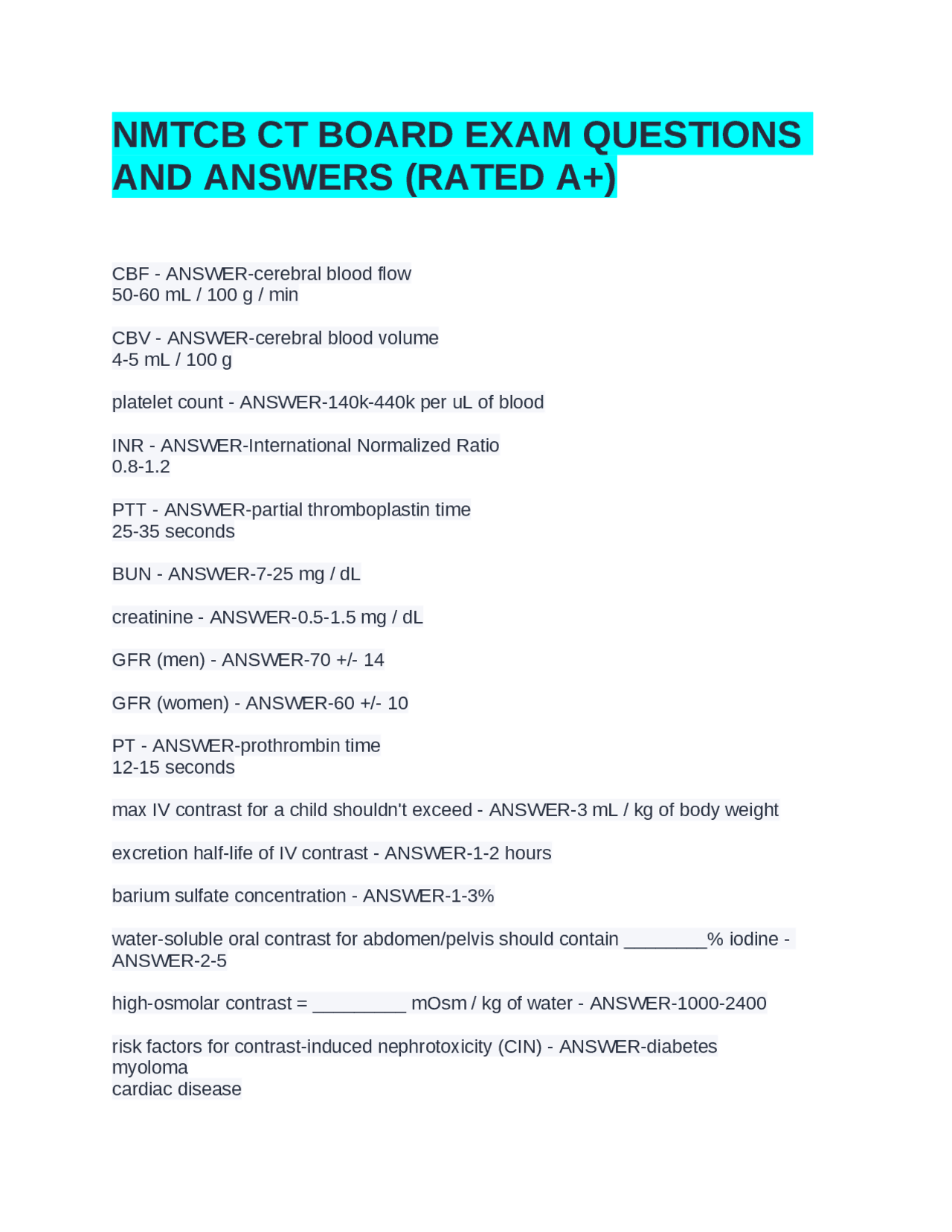 NMTCB CT BOARD EXAM QUESTIONS AND ANSWERS (RATED A+) | Exams Nursing ...