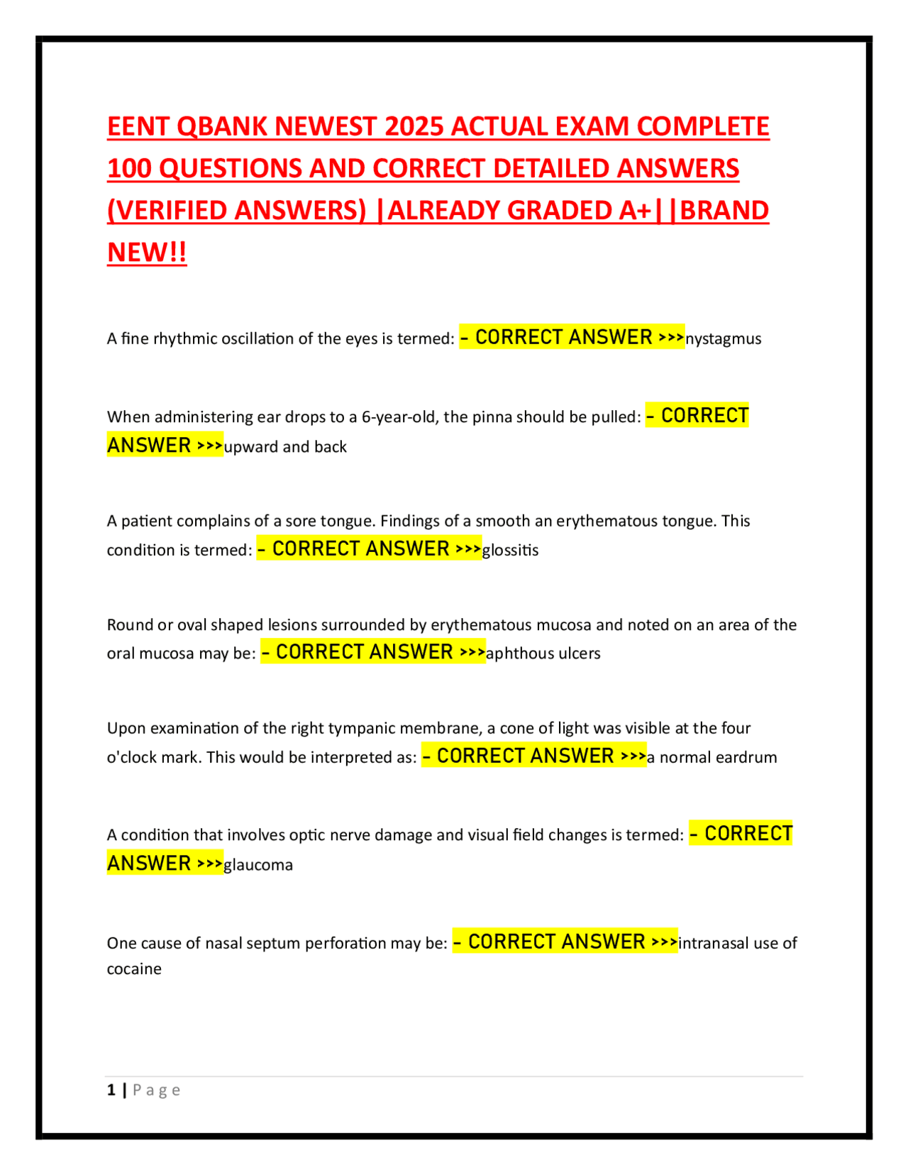 EENT QBANK NEWEST 2025 ACTUAL EXAM COMPLETE 100 QUESTIONS AND CORRECT ...