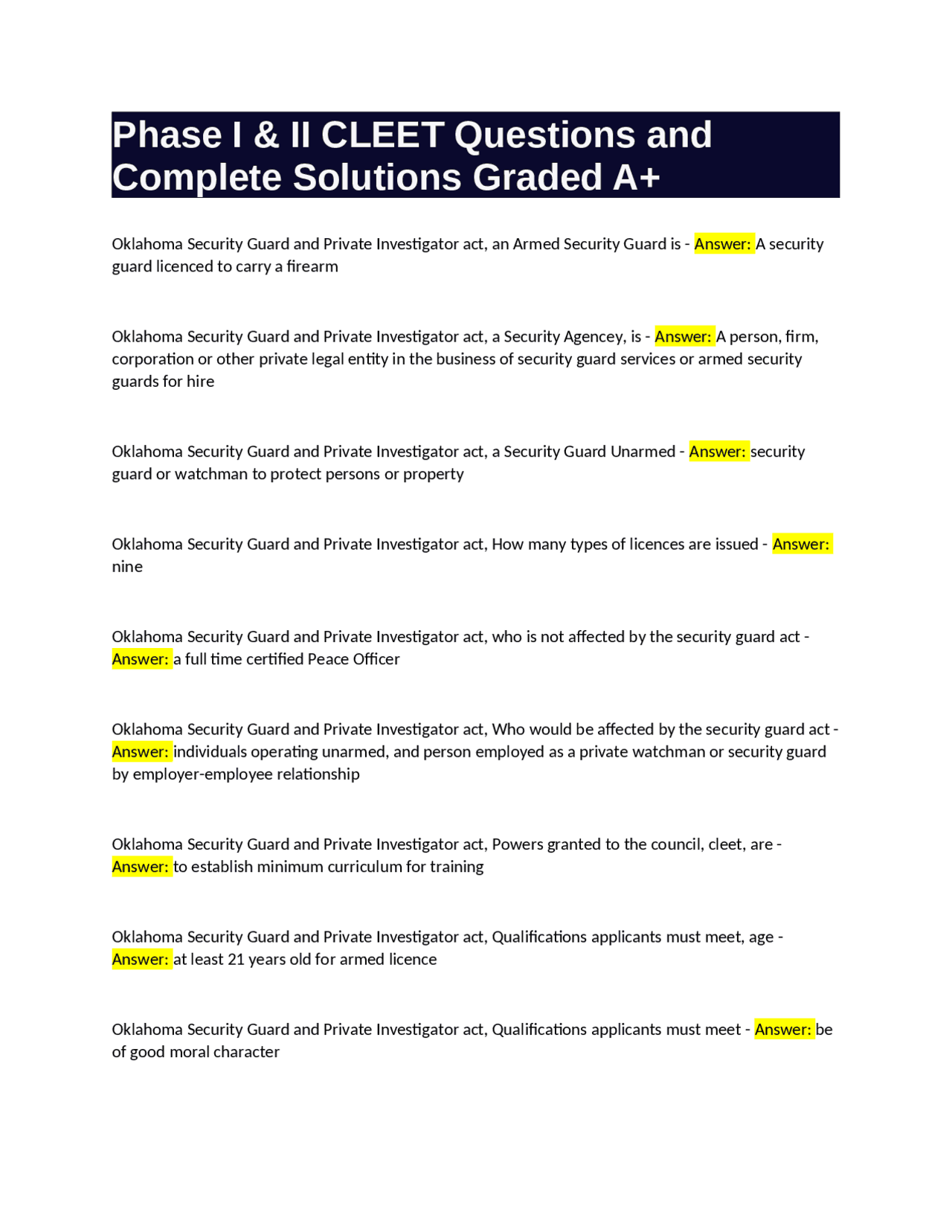 Phase I & II CLEET Questions and Complete Solutions Graded A+ | Exams ...
