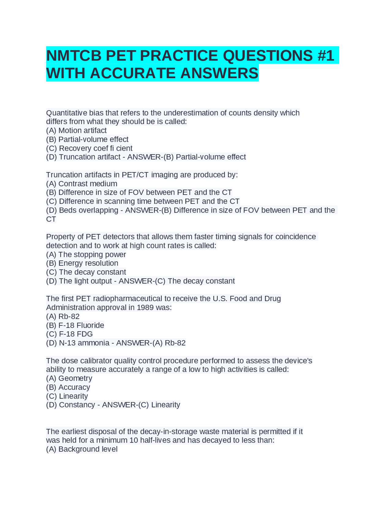 NMTCB PET PRACTICE QUESTIONS #1 WITH ACCURATE ANSWERS | Exams Nursing ...