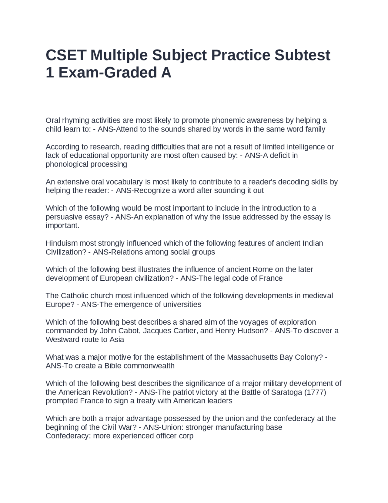CSET Multiple Subject Practice Subtest 1 Exam-Graded A: Questions and ...