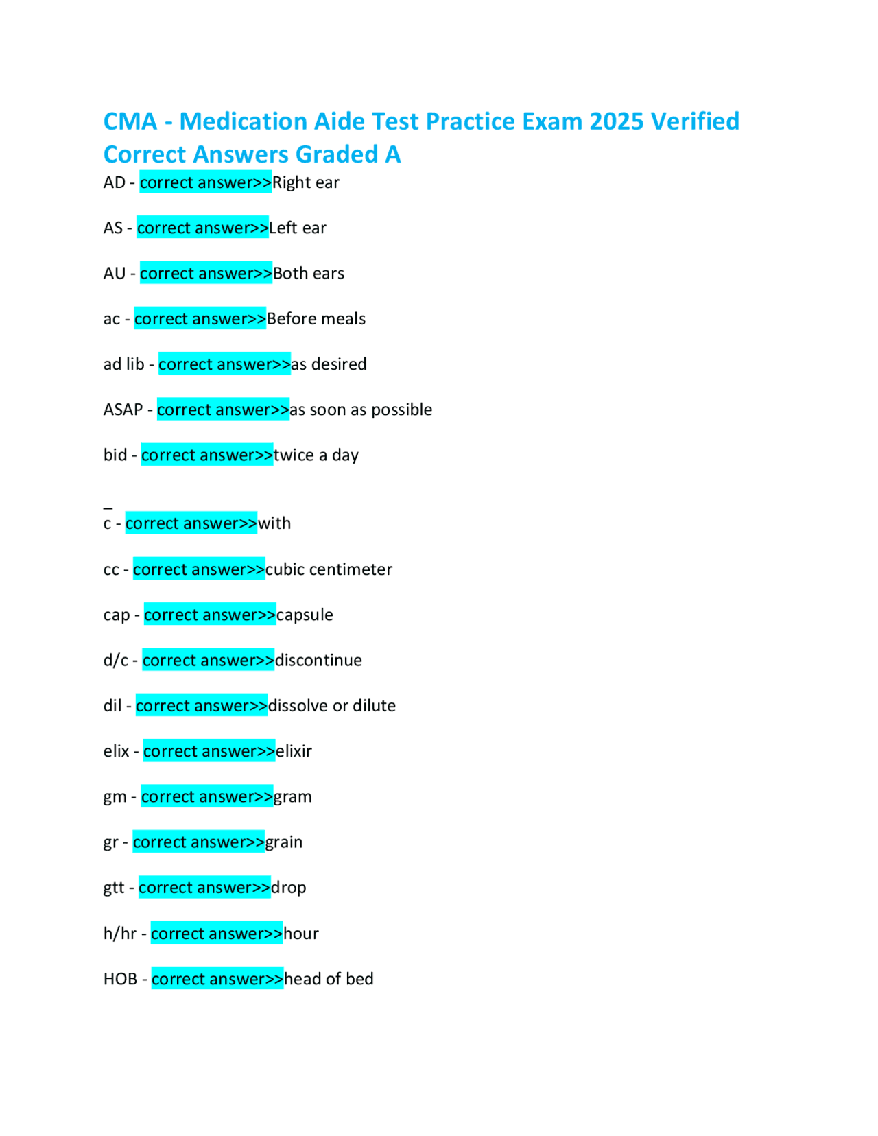 CMA - Medication Aide Test Practice Exam 2025 Verified Correct Answers ...