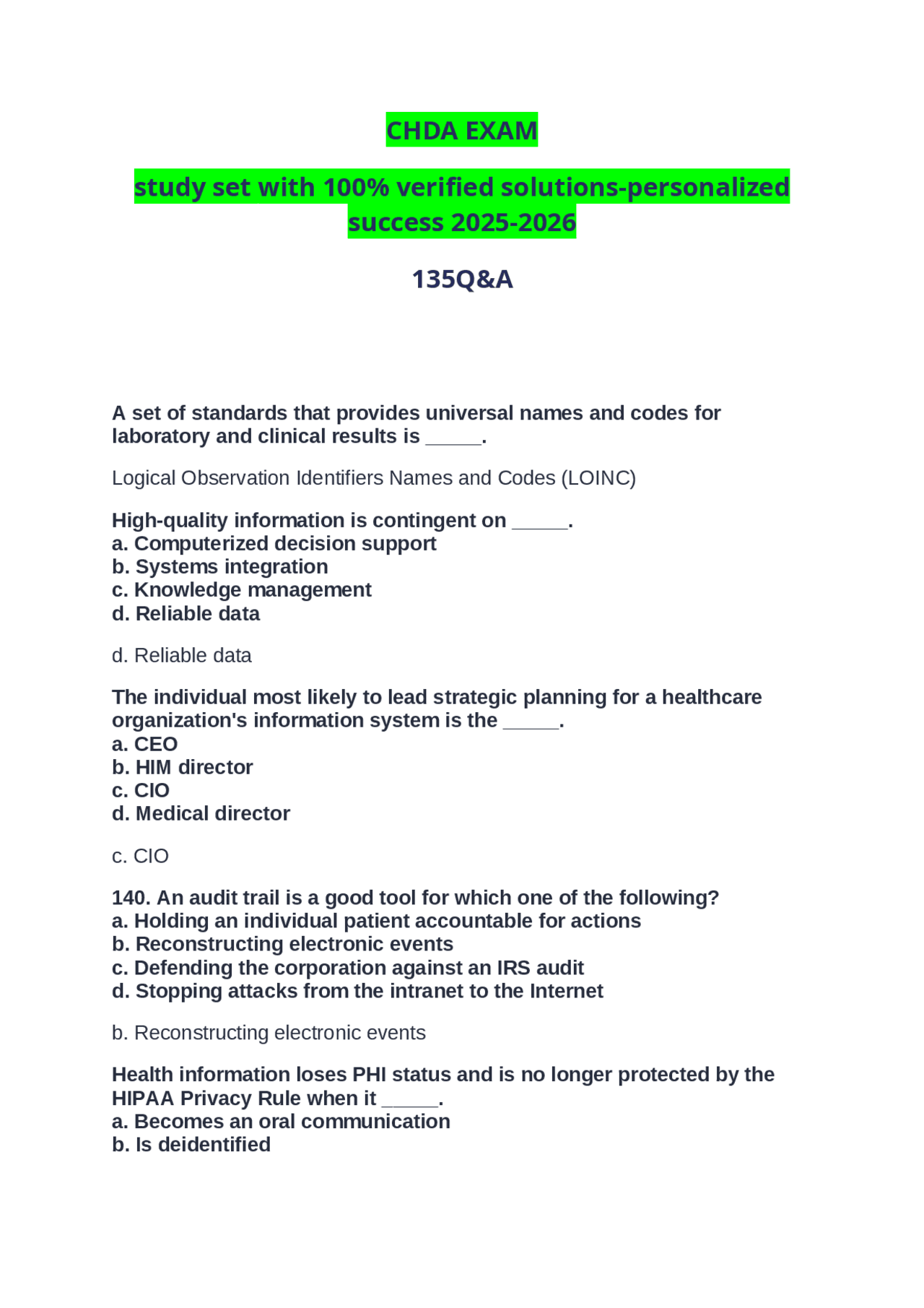 CHDA EXAM study set with 100% verified solutions-personalized success ...