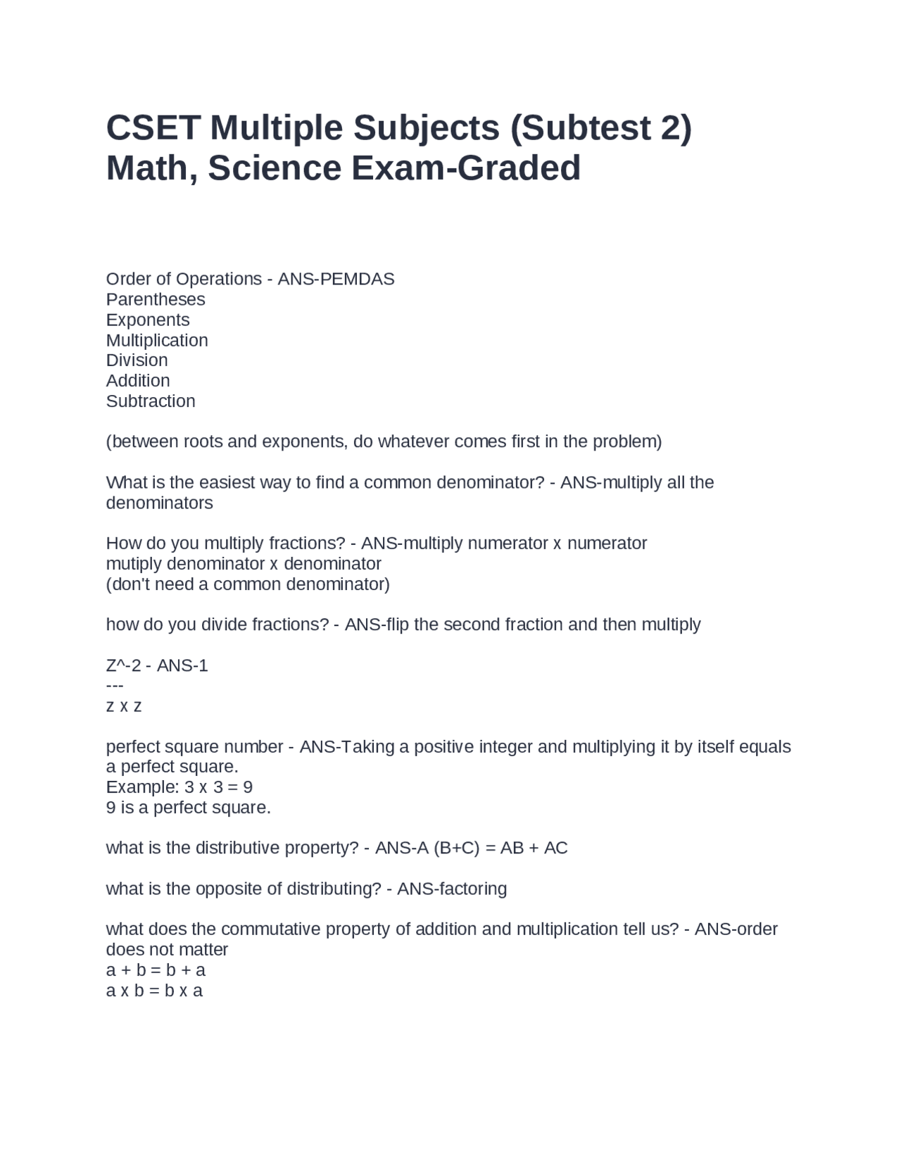 CSET Multiple Subjects (Subtest 2) Math, Science Exam-Graded: Questions ...
