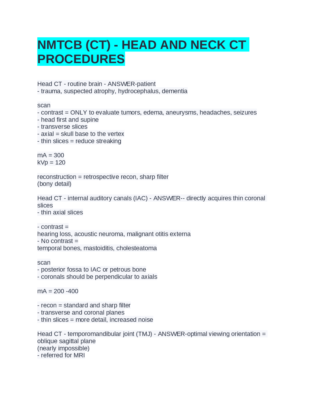 NMTCB (CT) - HEAD AND NECK CT PROCEDURES | Exams Nursing | Docsity