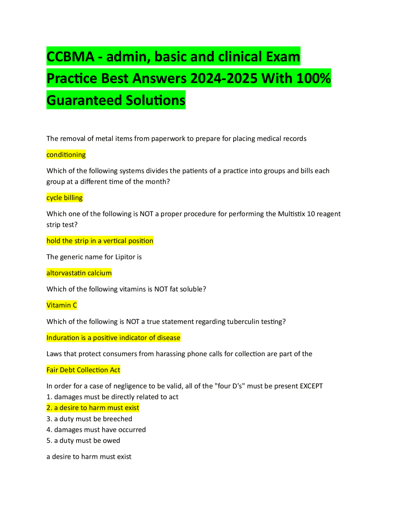 CCBMA - admin, basic and clinical Exam Practice Best Answers 2024-2025 With 100% Guarant | Exams ...