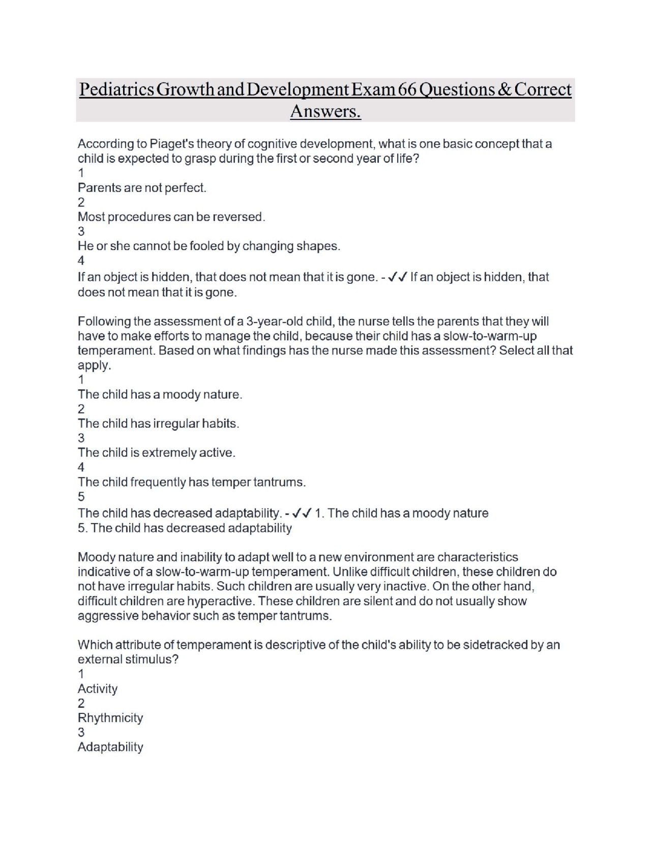 Pediatrics Growth and Development Exam 66 Questions & Correct Answers ...