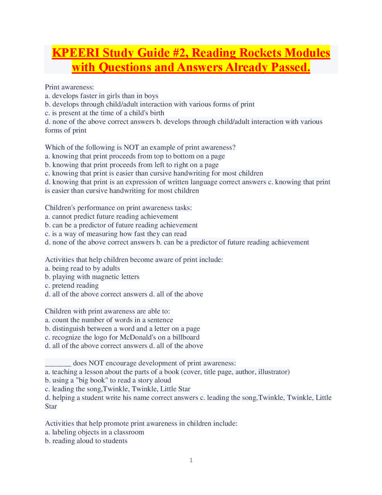 KPEERI Study Guide #2: Reading Rockets Modules with Questions and Answers | Exams Nursing | Docsity