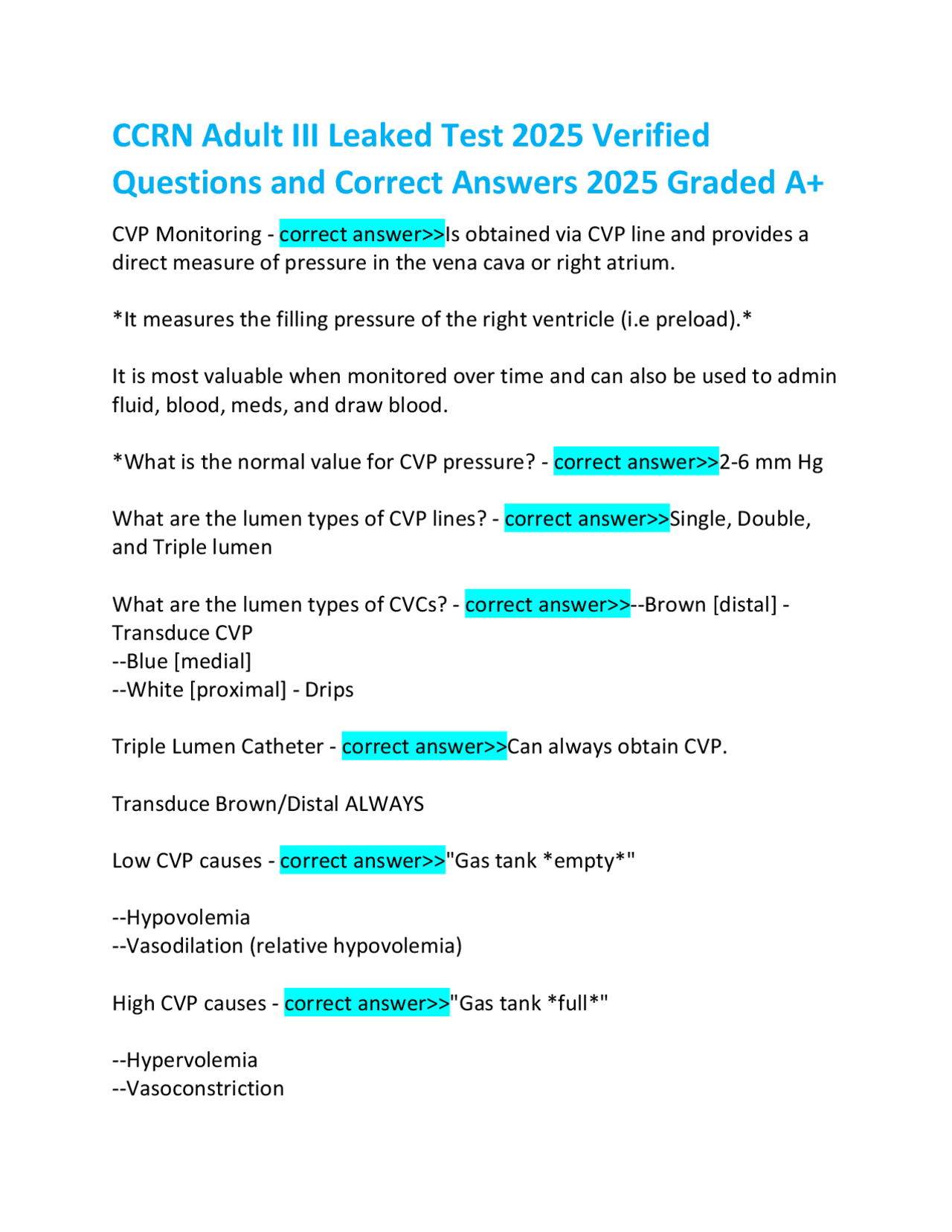 CCRN Adult III Leaked Test 2025 Verified Questions and Correct Answers ...
