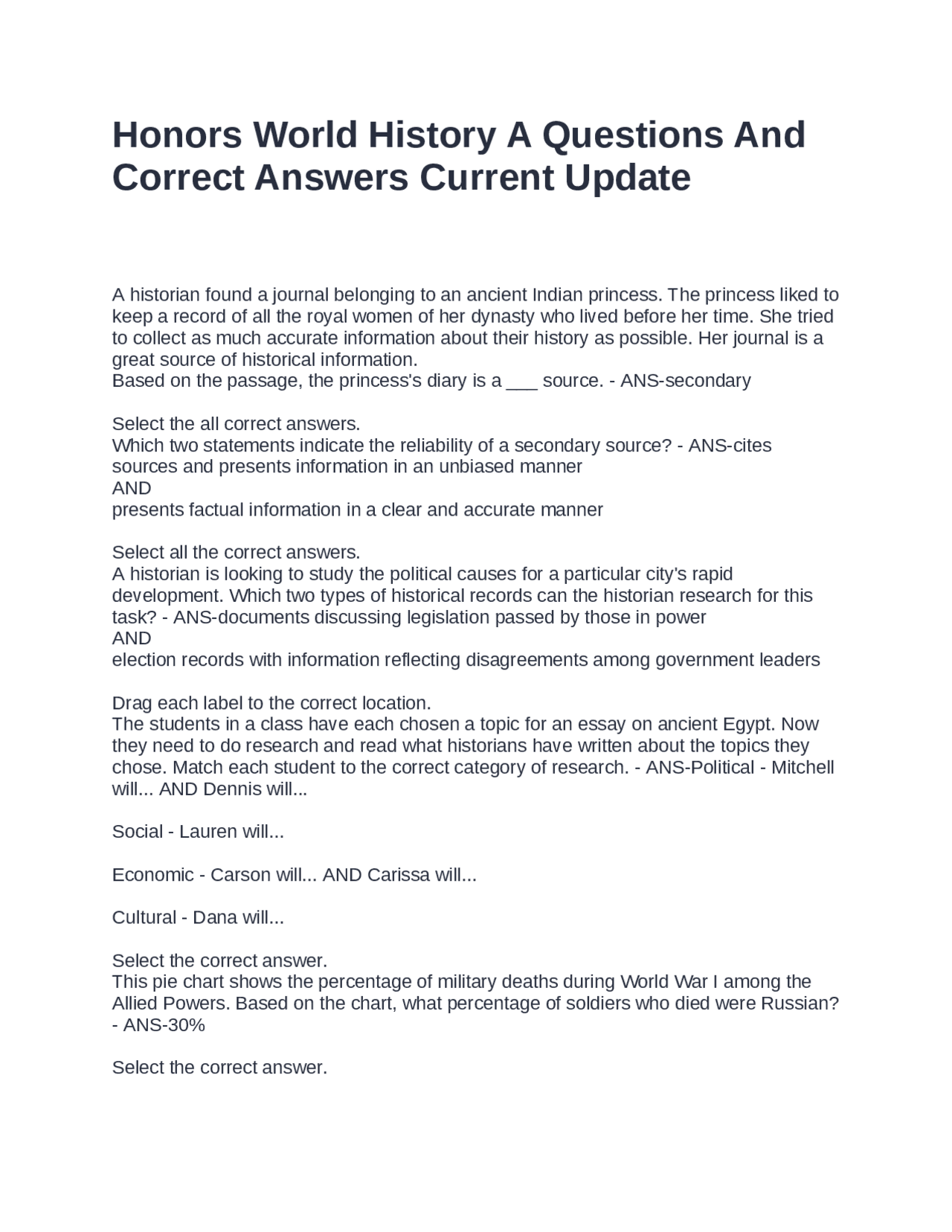 Honors World History A Questions And Correct Answers Current Update ...