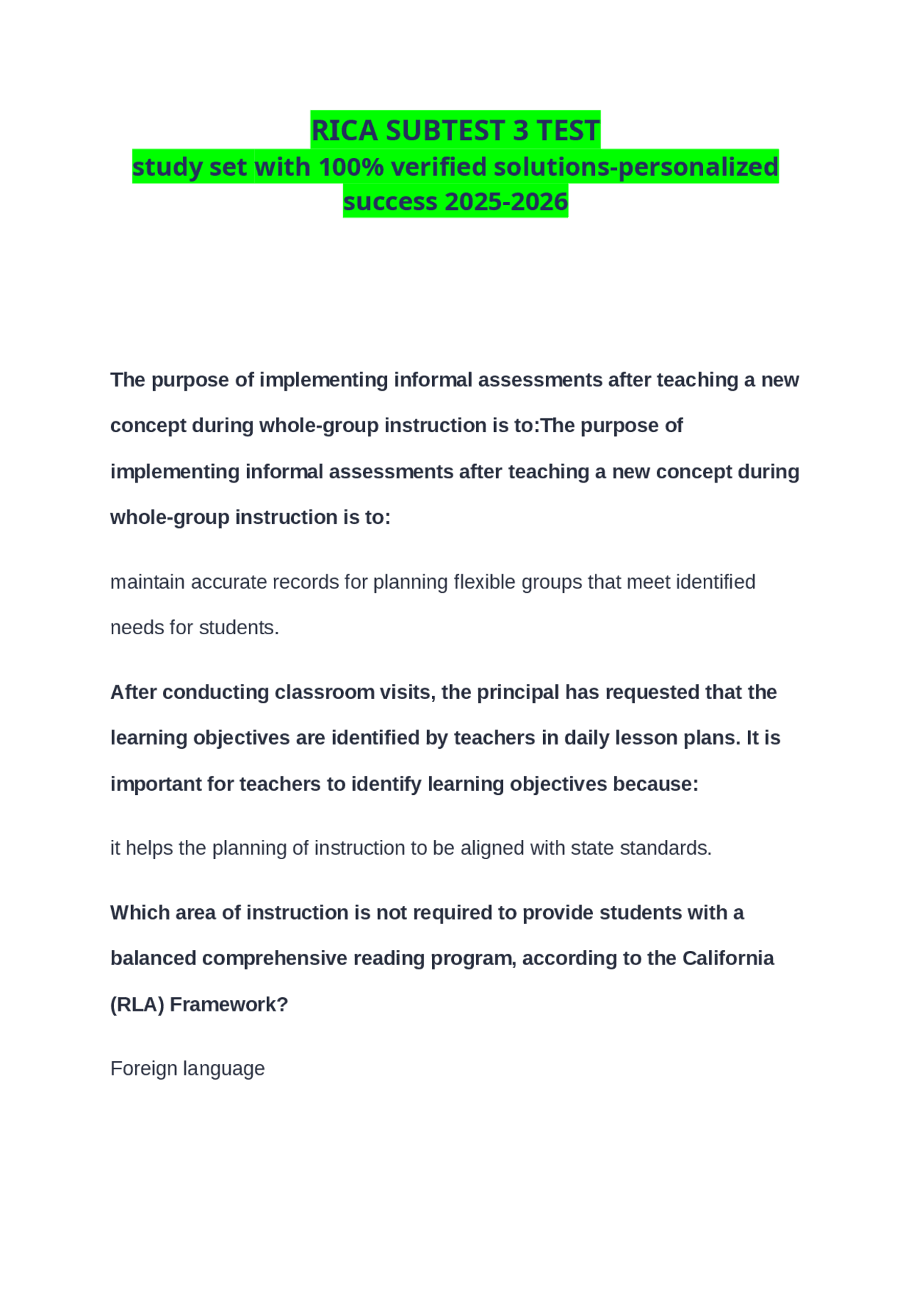 RICA SUBTEST 3 TEST study set with 100% verified solutions-personalized ...