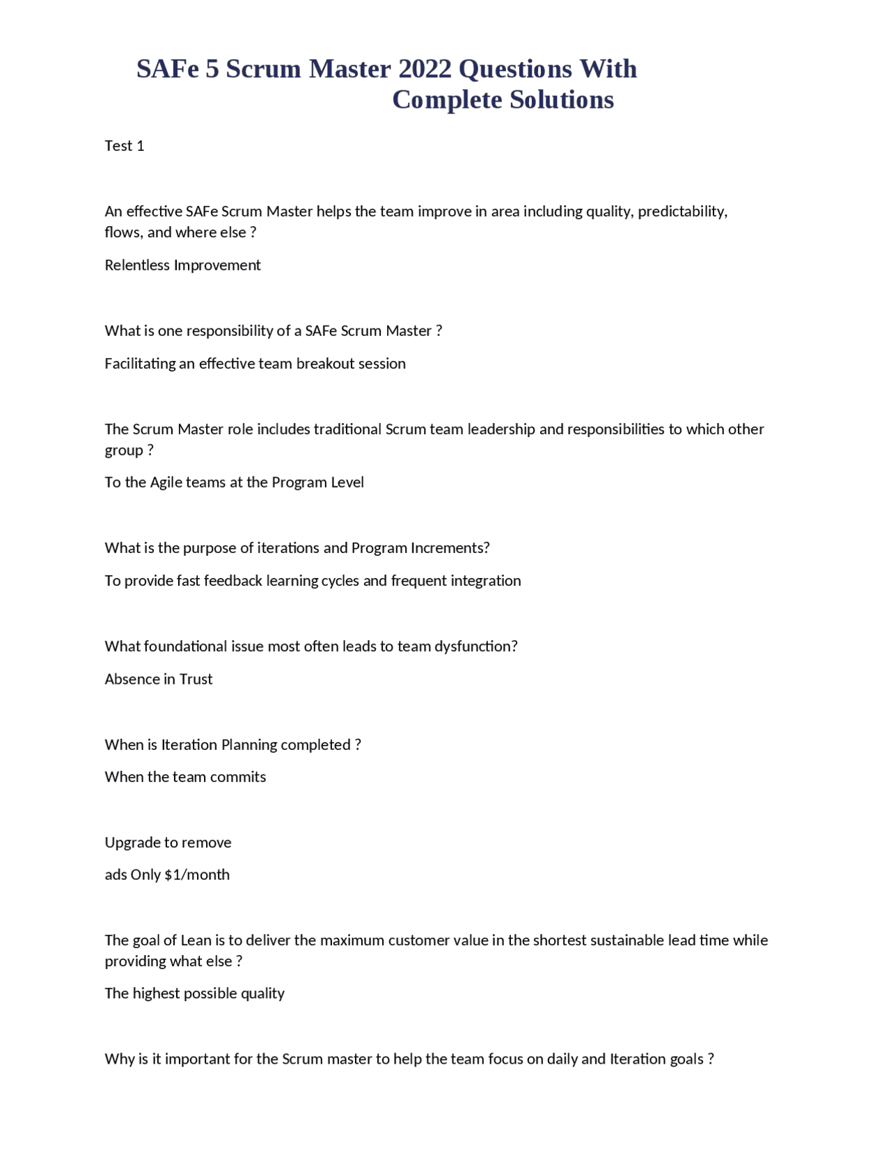 SAFe 5 Scrum Master 2022 Questions With Complete Solutions (1).docx | Exams Nursing | Docsity