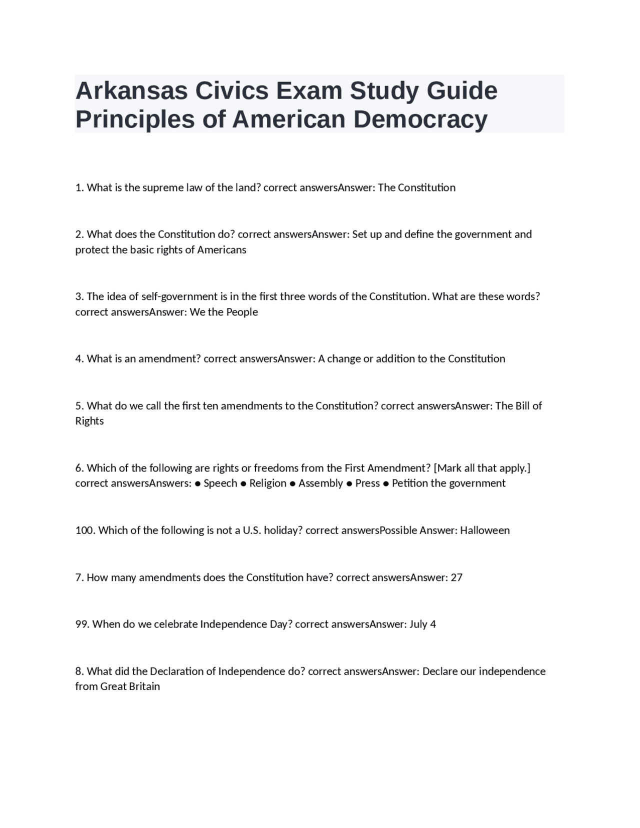 Arkansas Civics Exam Study Guide: Principles of American Democracy ...