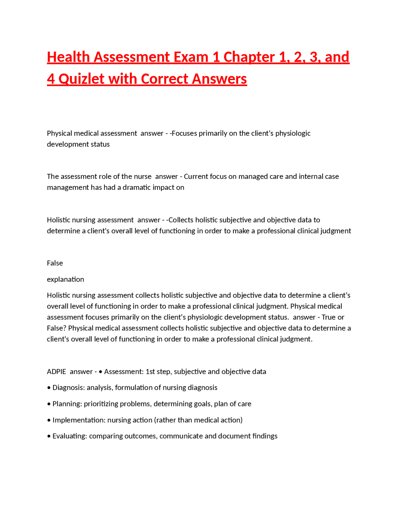 Health Assessment Exam 1 Chapter 1, 2, 3, and 4 Quizlet with Correct ...