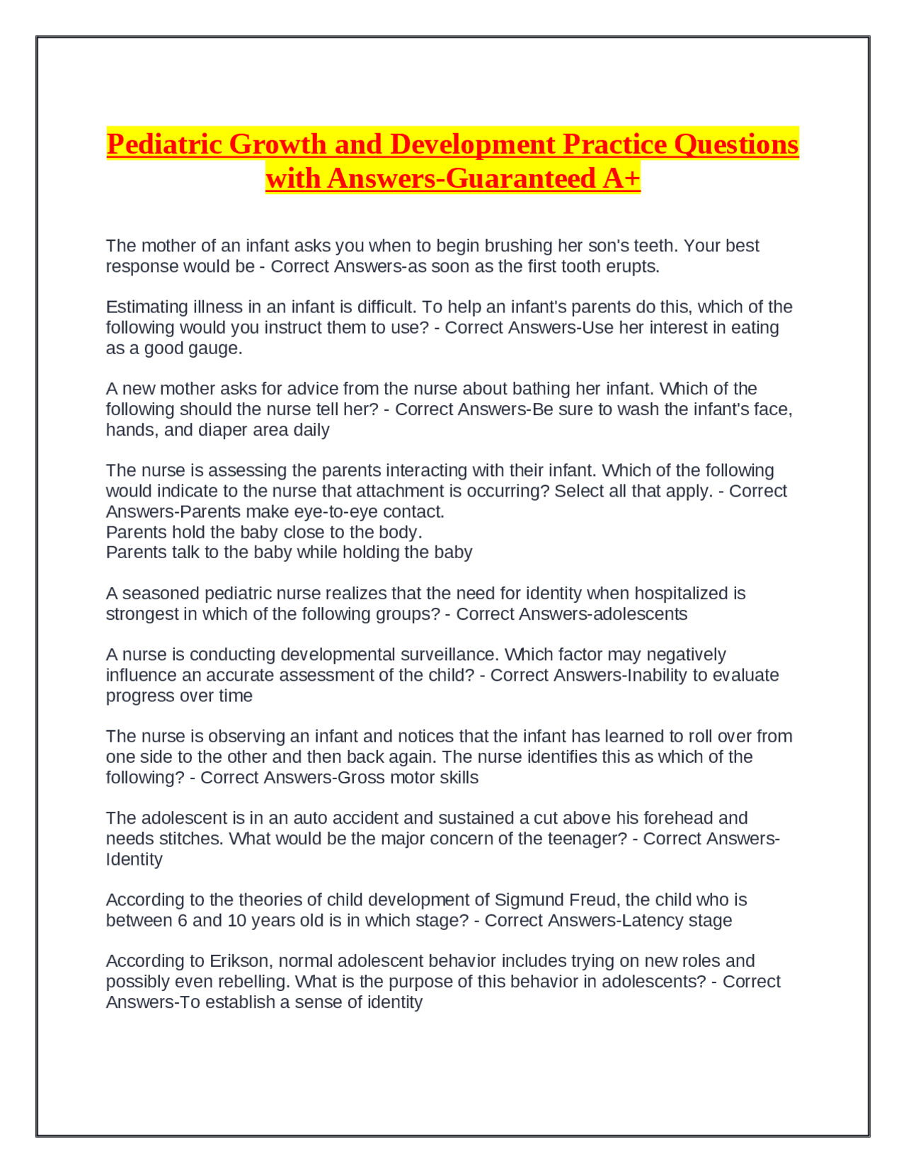 Pediatric Growth and Development Practice Questions with Answers-Guaranteed A+ | Exams Nursing ...