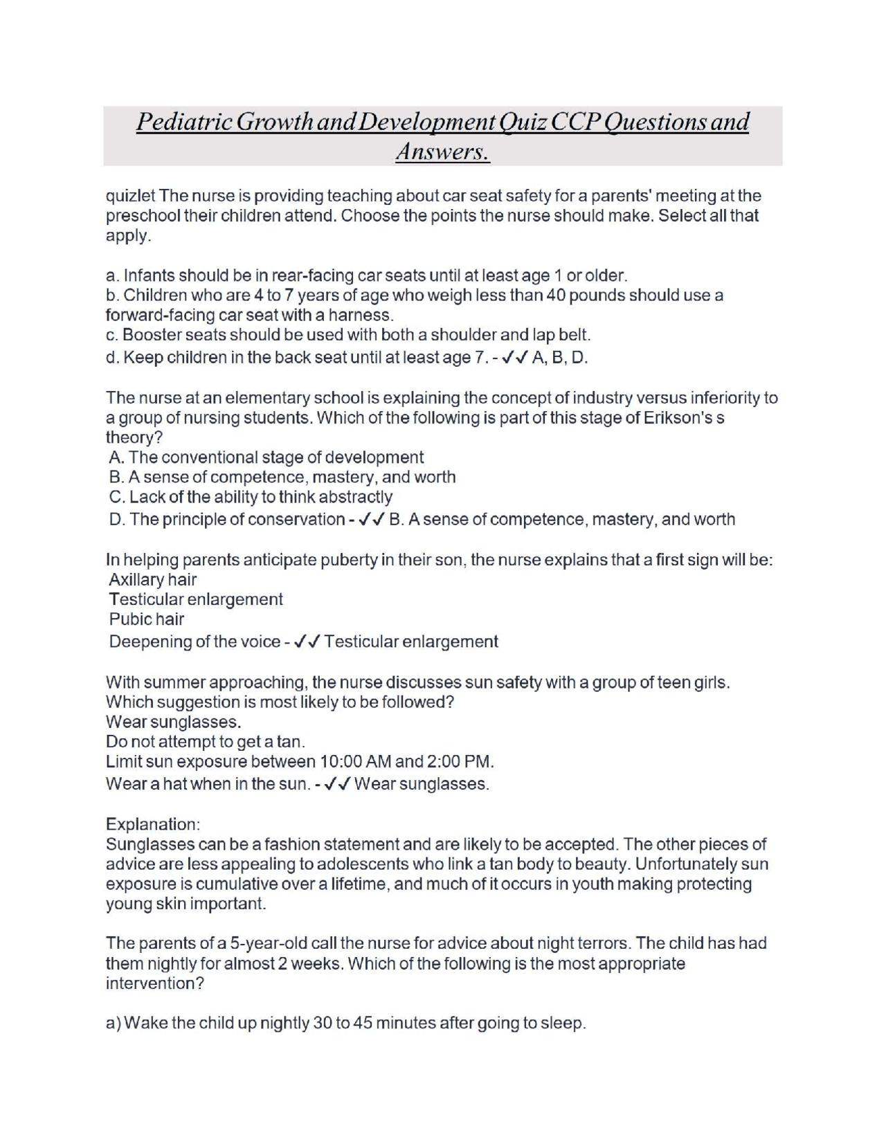 Pediatric Growth and Development Quiz CCP Questions and Answers ...