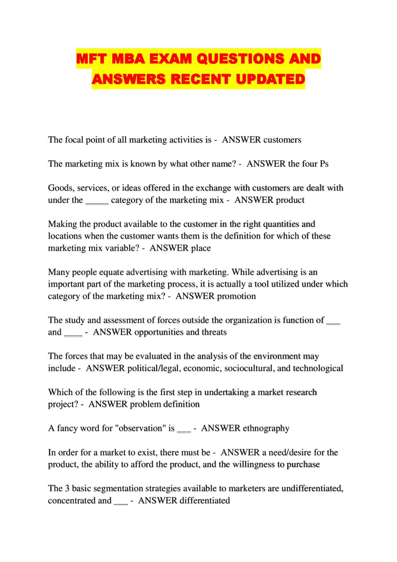 MBA Exam Questions and Answers: Marketing, Finance, and Accounting ...