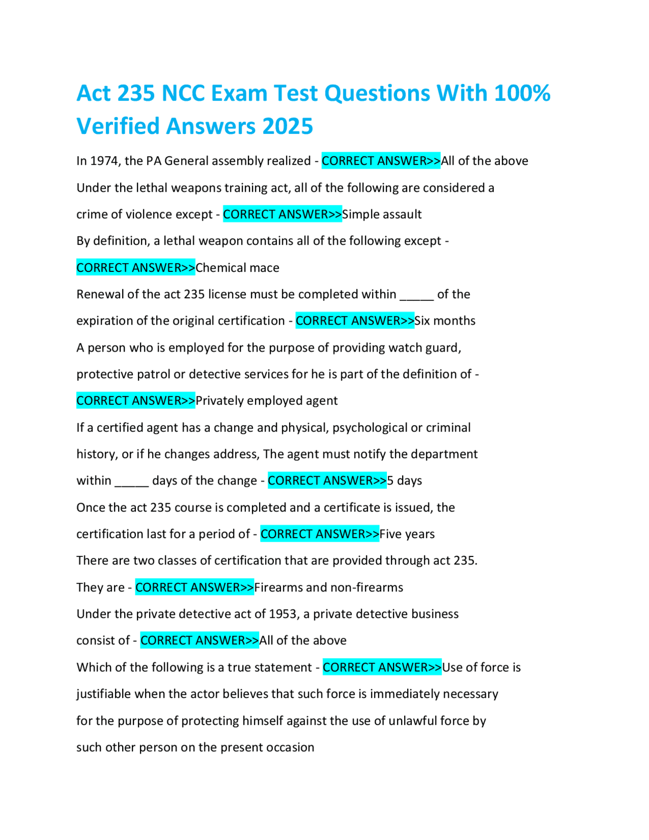 Act 235 NCC Exam Test Questions With 100% Verified Answers 2025 | Exams ...