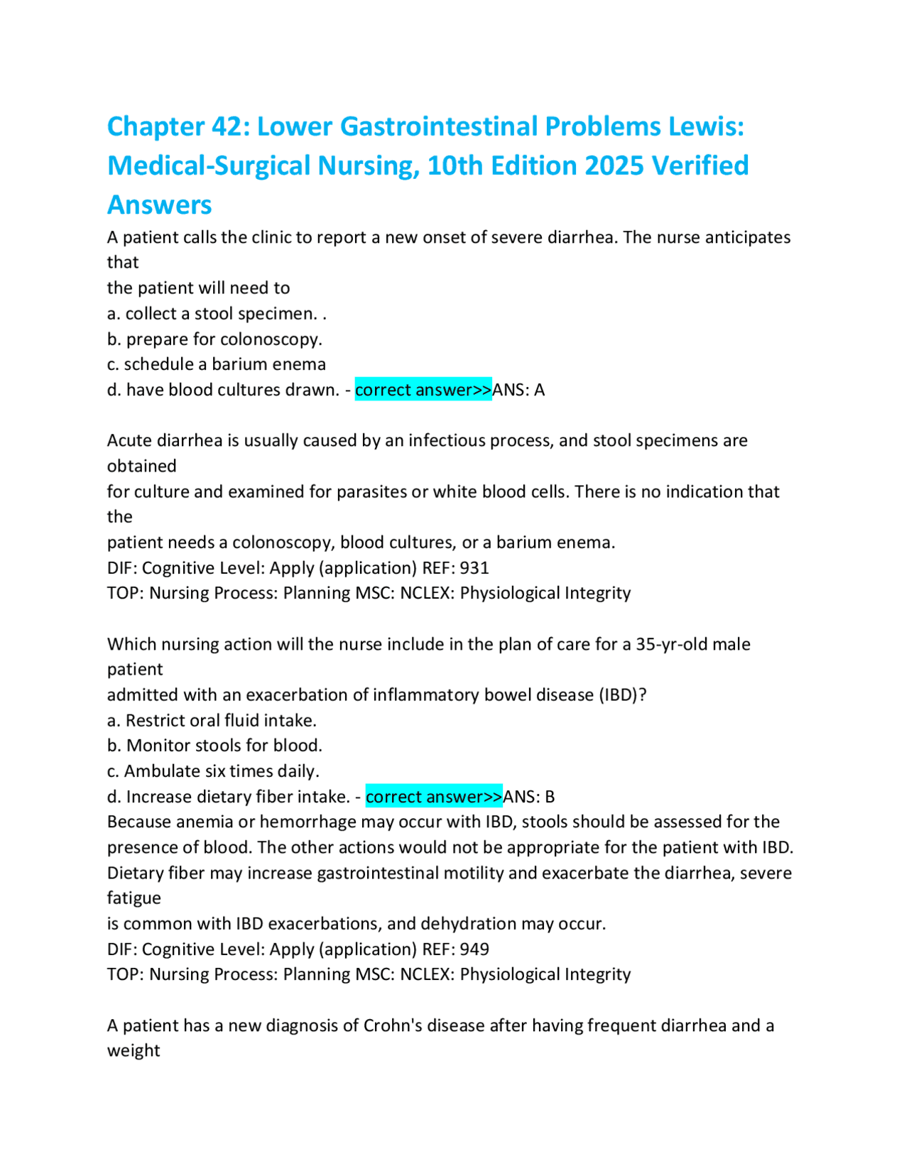 Chapter 42: Lower Gastrointestinal Problems Lewis: Medical-Surgical ...