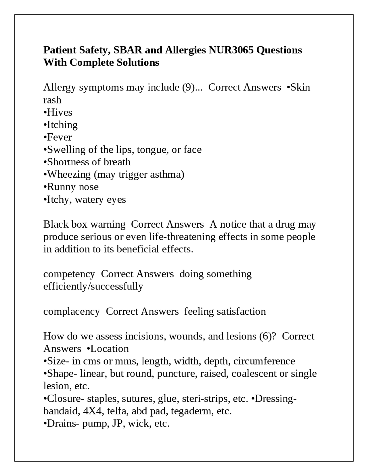 Patient Safety, SBAR and Allergies NUR3065 Questions With Complete ...