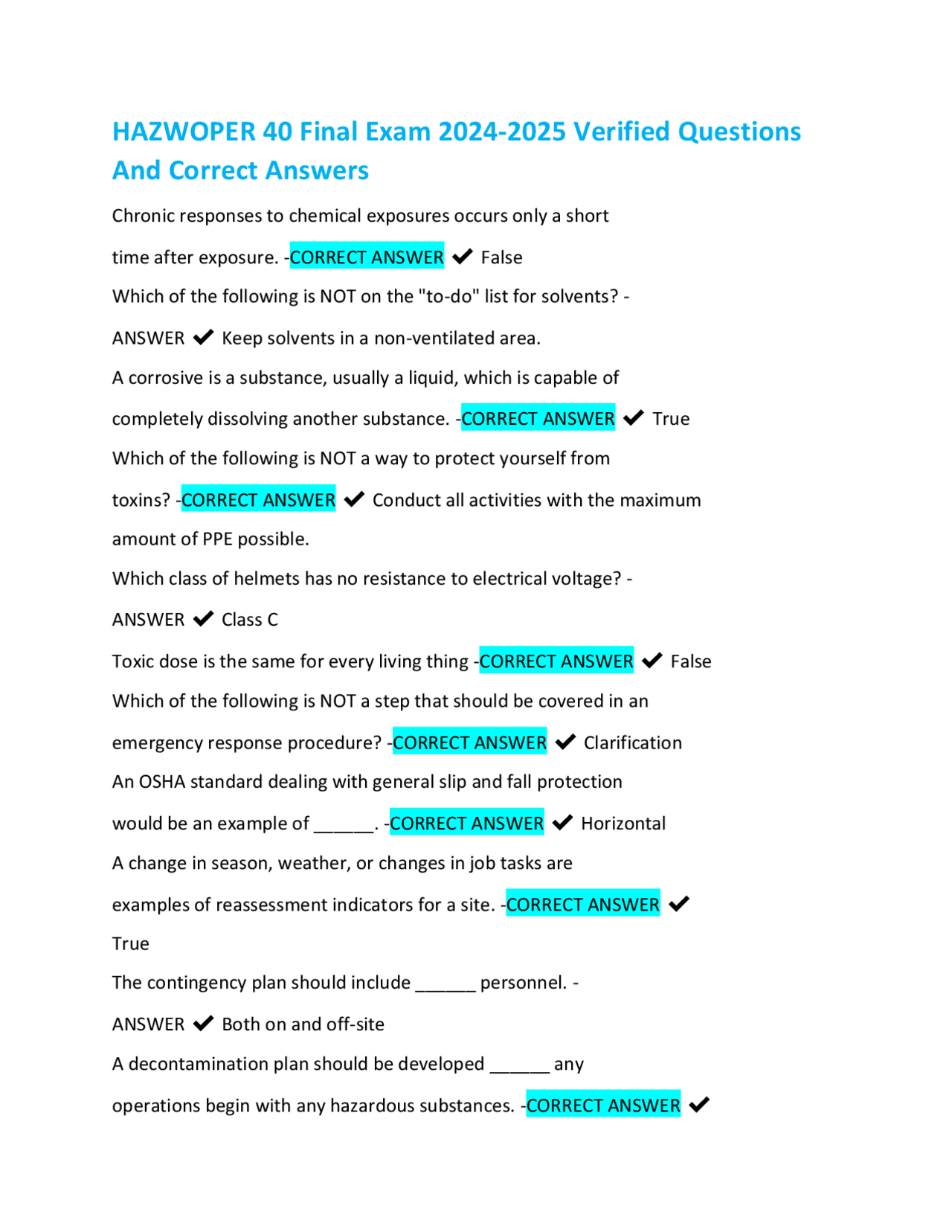 HAZWOPER 40 Final Exam 2024-2025 Verified Questions And Correct Answers ...