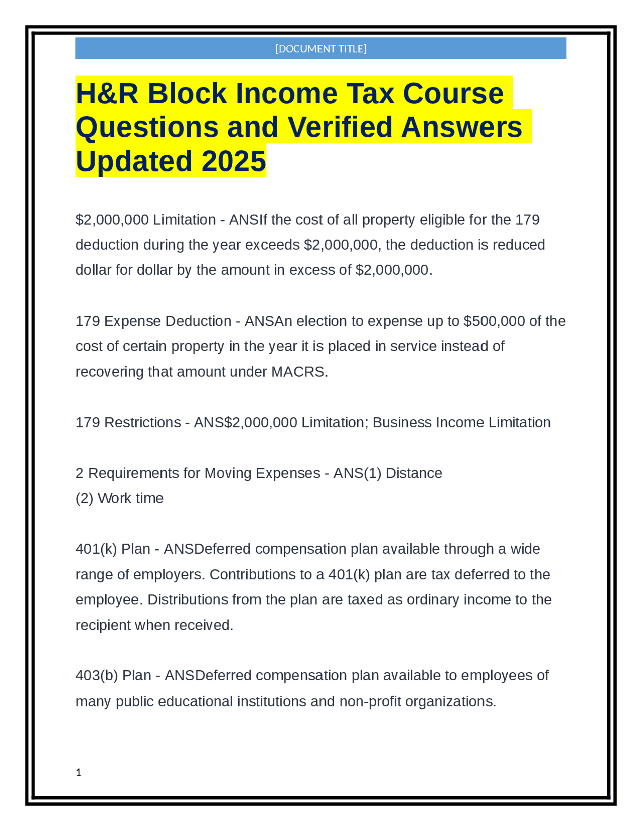H&R Block Income Tax Course Questions and Verified Answers | Exams ...