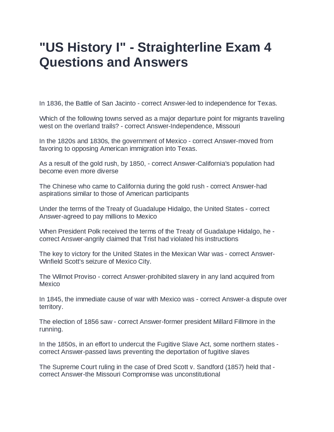 US History - Straighterline Exam 4 Questions and Answers | Exams ...