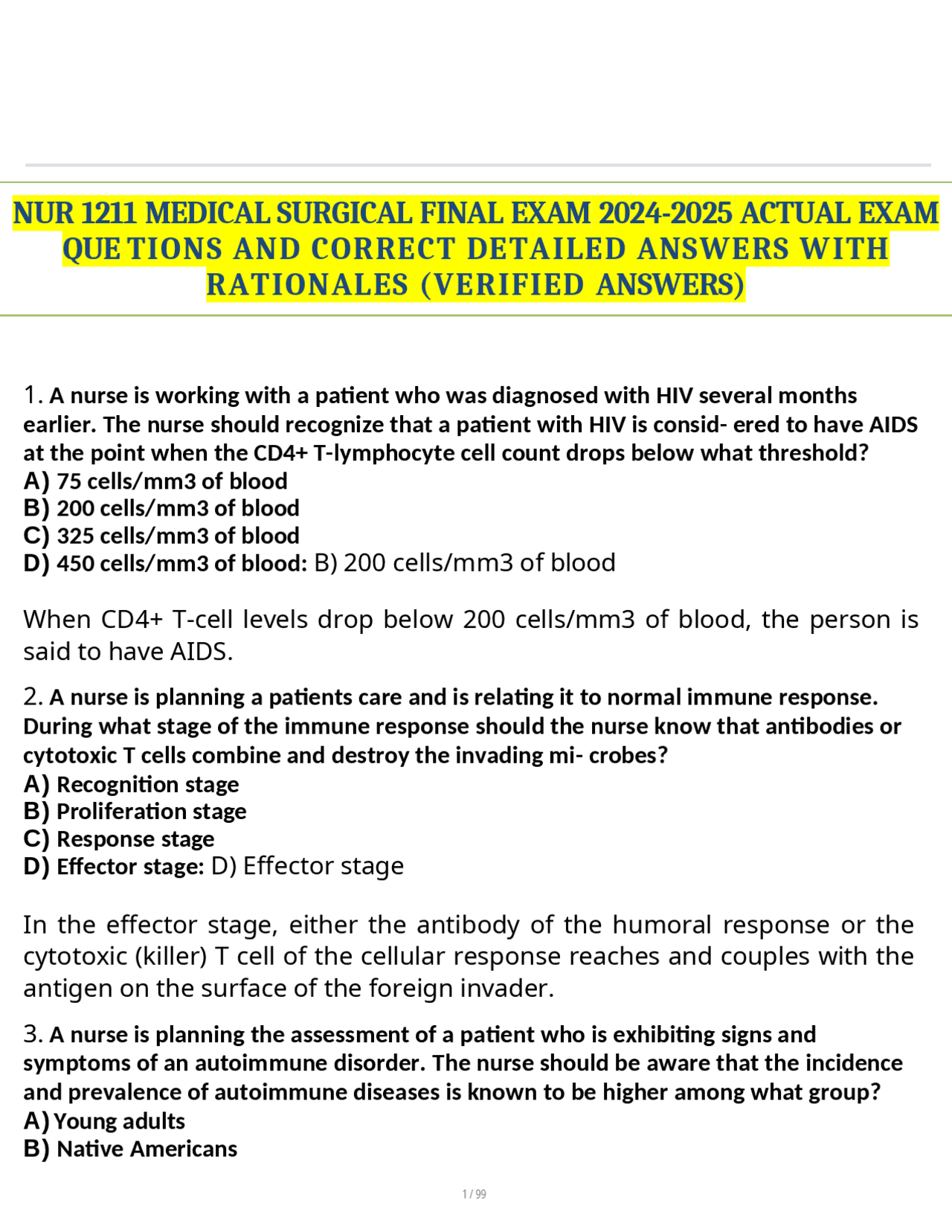 NUR 1211 MEDICAL SURGICAL FINAL EXAM 2024-2025 ACTUAL EXAM QUE TIONS AND CORRECT DETAILED ...