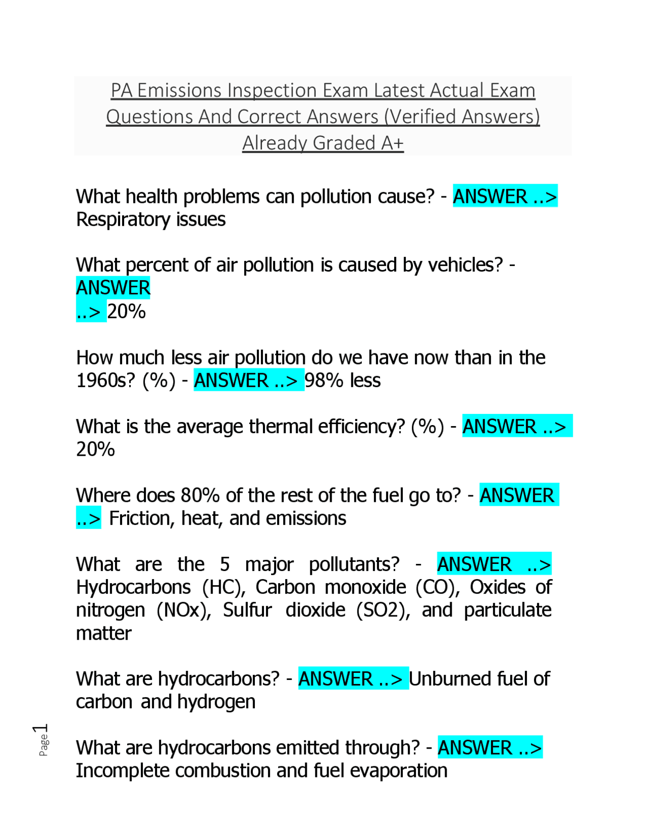 PA Emissions Inspection Exam Questions and Answers, Exams of ...
