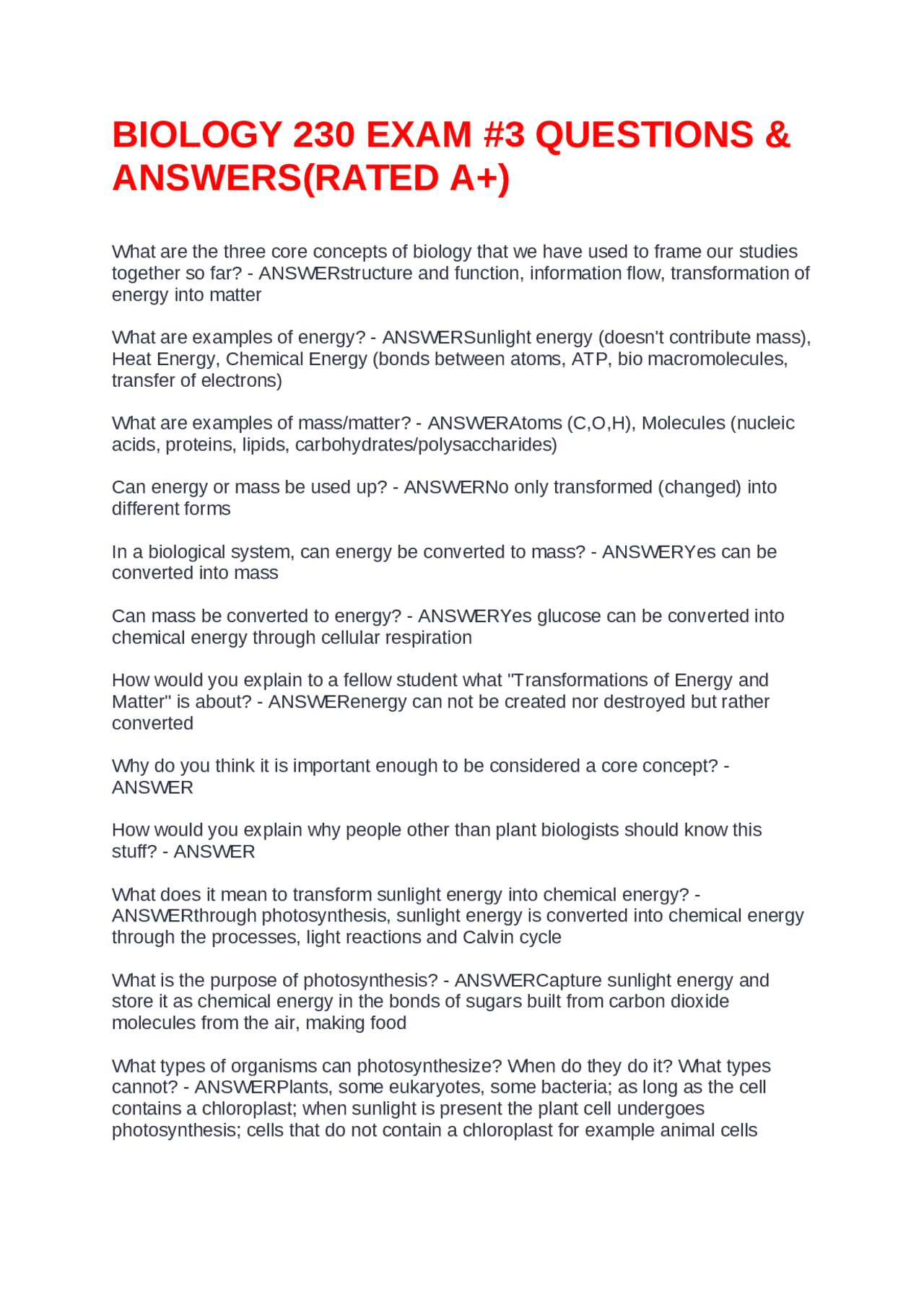 BIOLOGY 230 EXAM #3 QUESTIONS & ANSWERS(RATED A+) | Exams Biology | Docsity