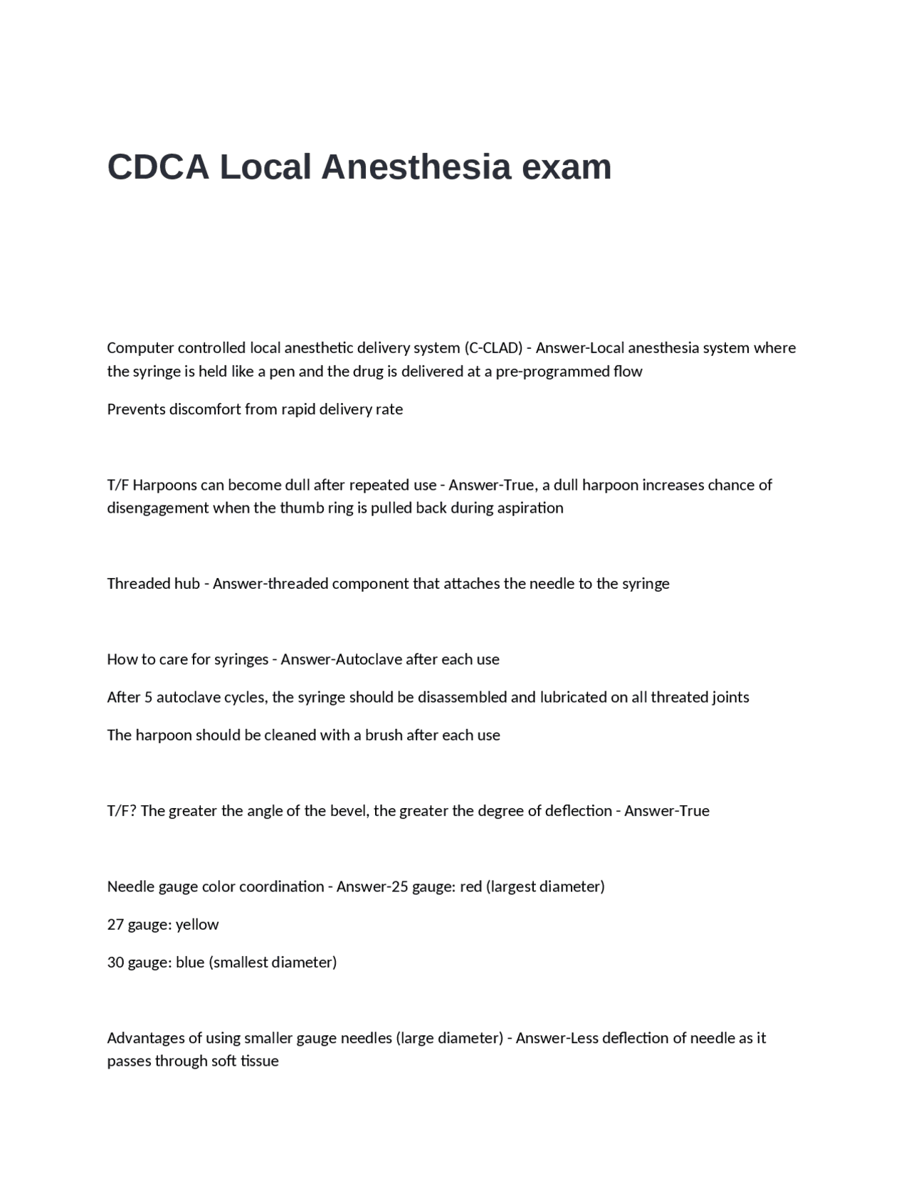 CDCA Local Anesthesia Exam Questions with 100% Correct Answers | Exams ...