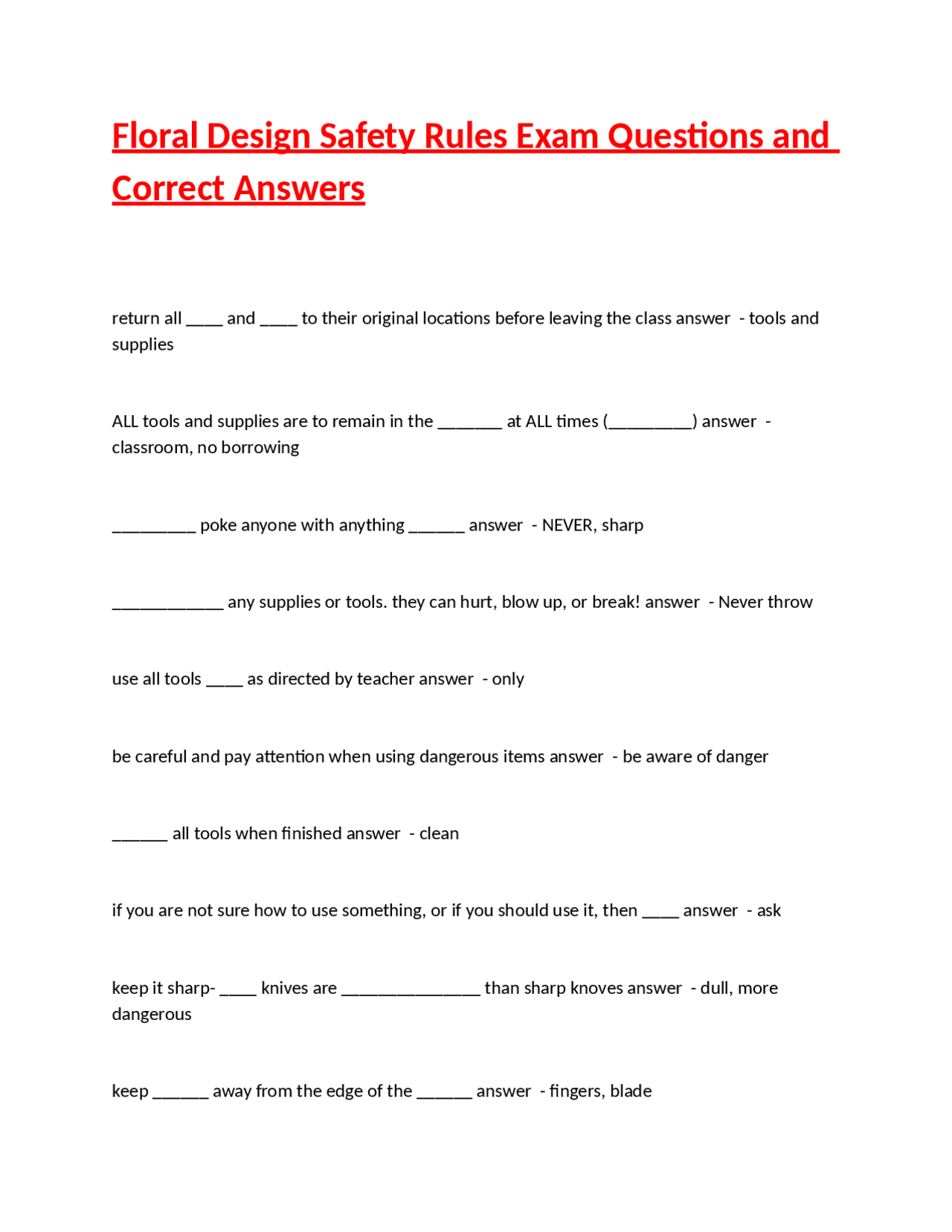 Floral Design Safety Rules Exam Questions and Correct Answers | Exams ...