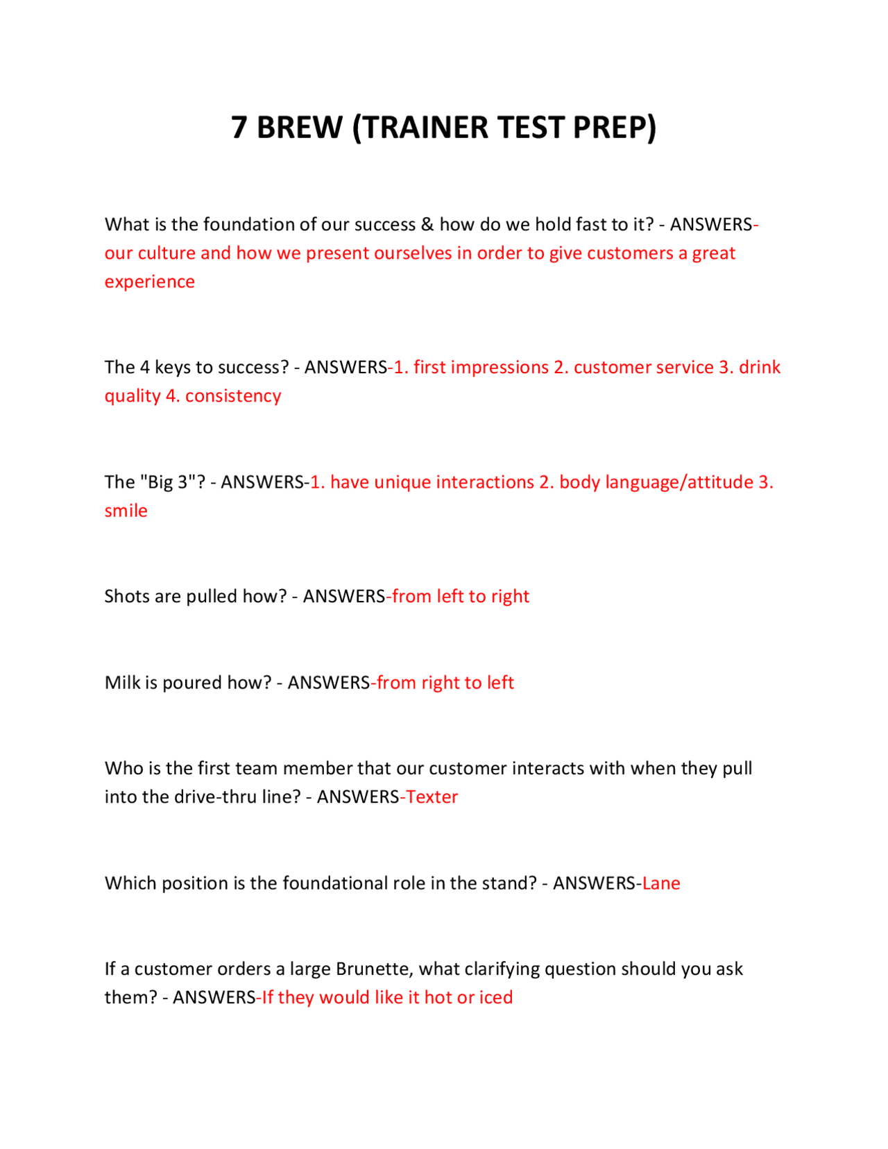 7 BREW (TRAINER TEST PREP) QUESTIONS AND ANSWERS 2025 | Exams Food ...