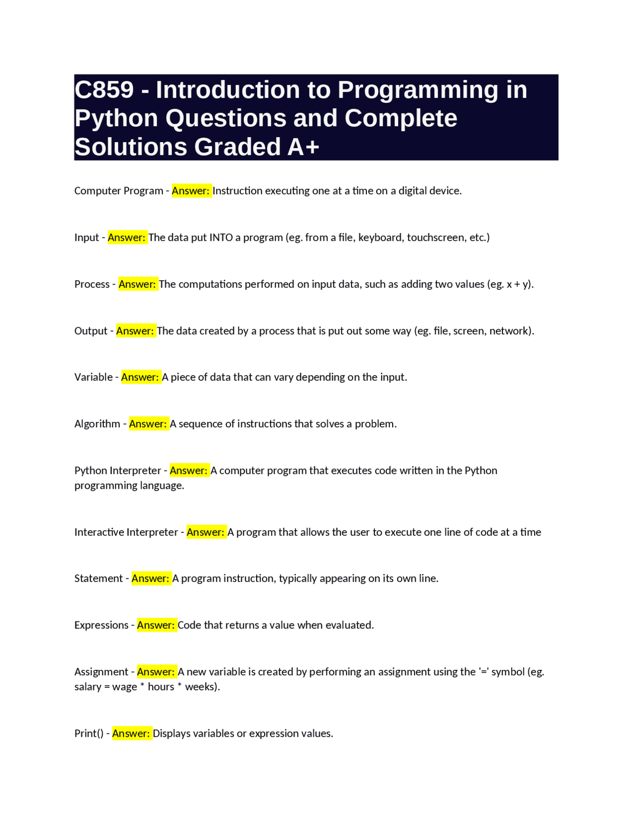 Introduction to Programming in Python: Questions and Solutions | Exams Computer Science | Docsity